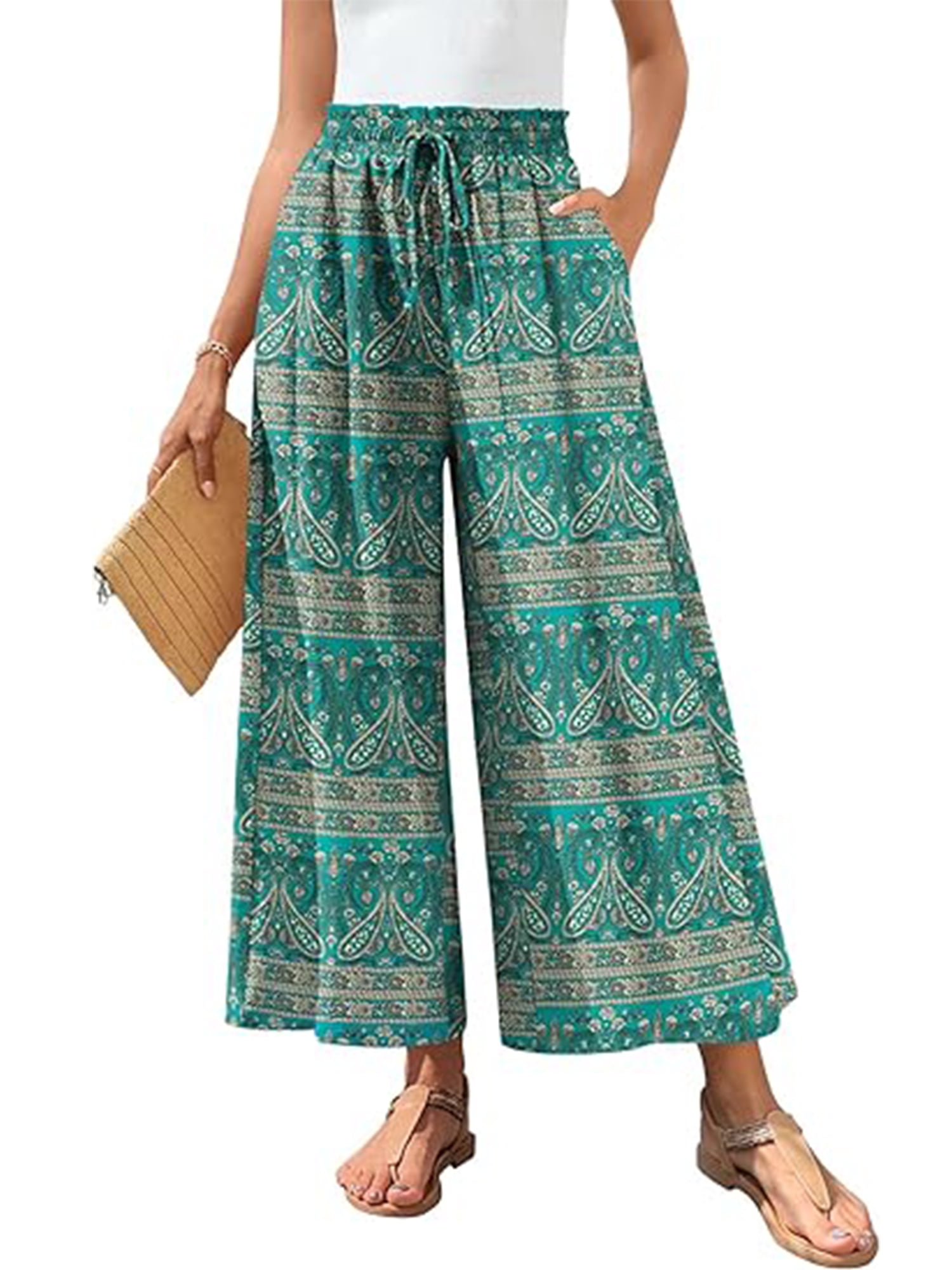 VDJ Women's Cropped Pants Summer Boho Fashion Floral Printed Wide Leg ...