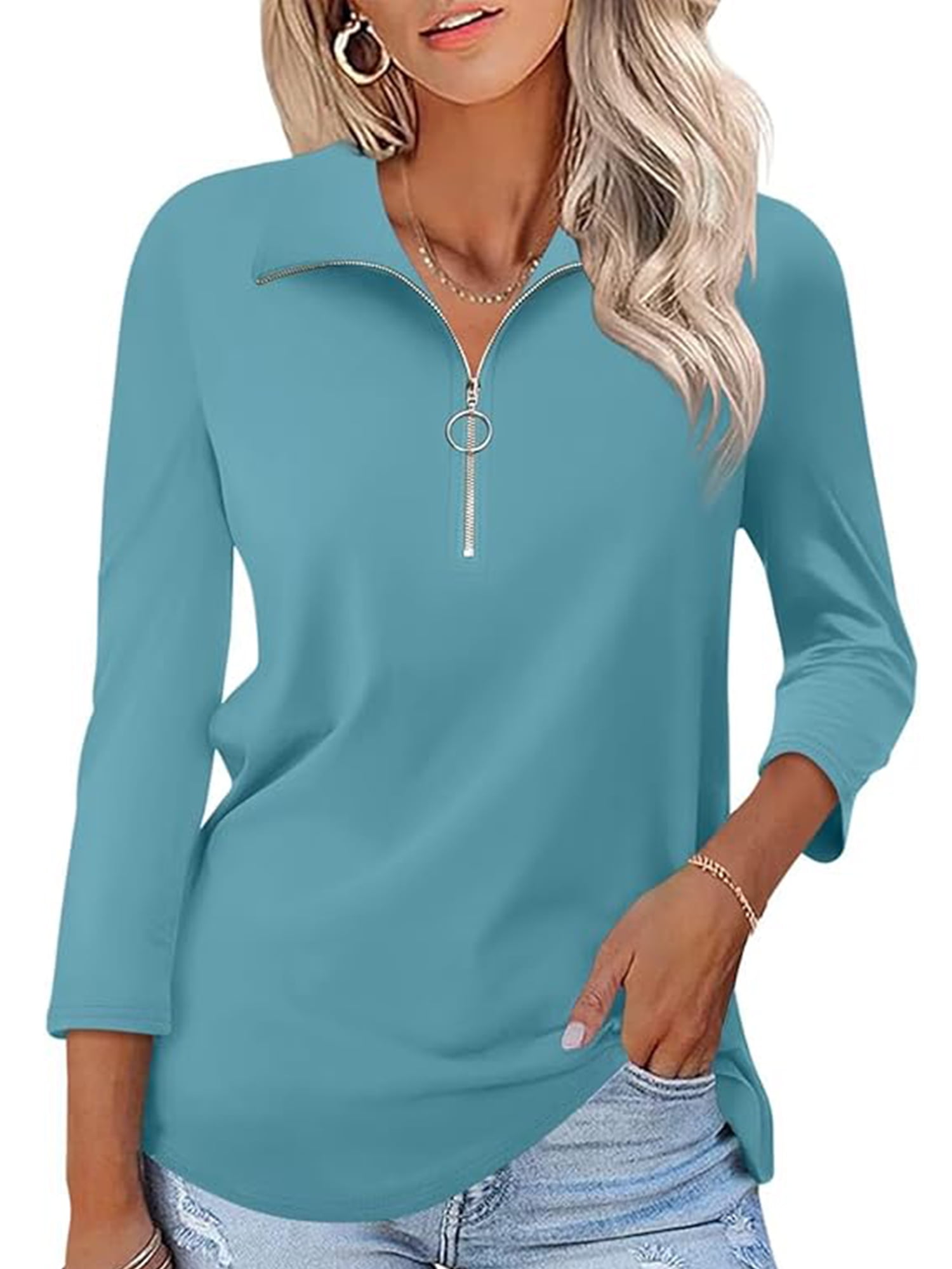 VDJ, Women's T Shirts, XL, Mint Polo with V Neck & 3/4 Sleeves ...