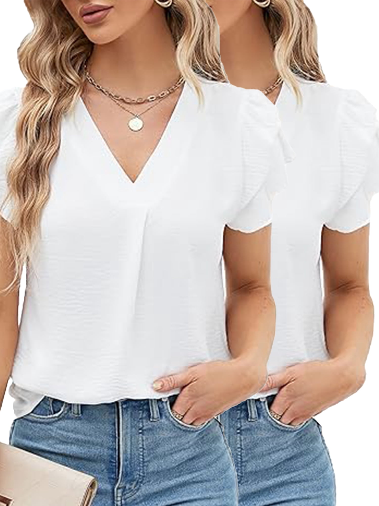 VDJ Womens Dressy Tops Casual Shirts Petal Short Sleeve V Neck Business ...