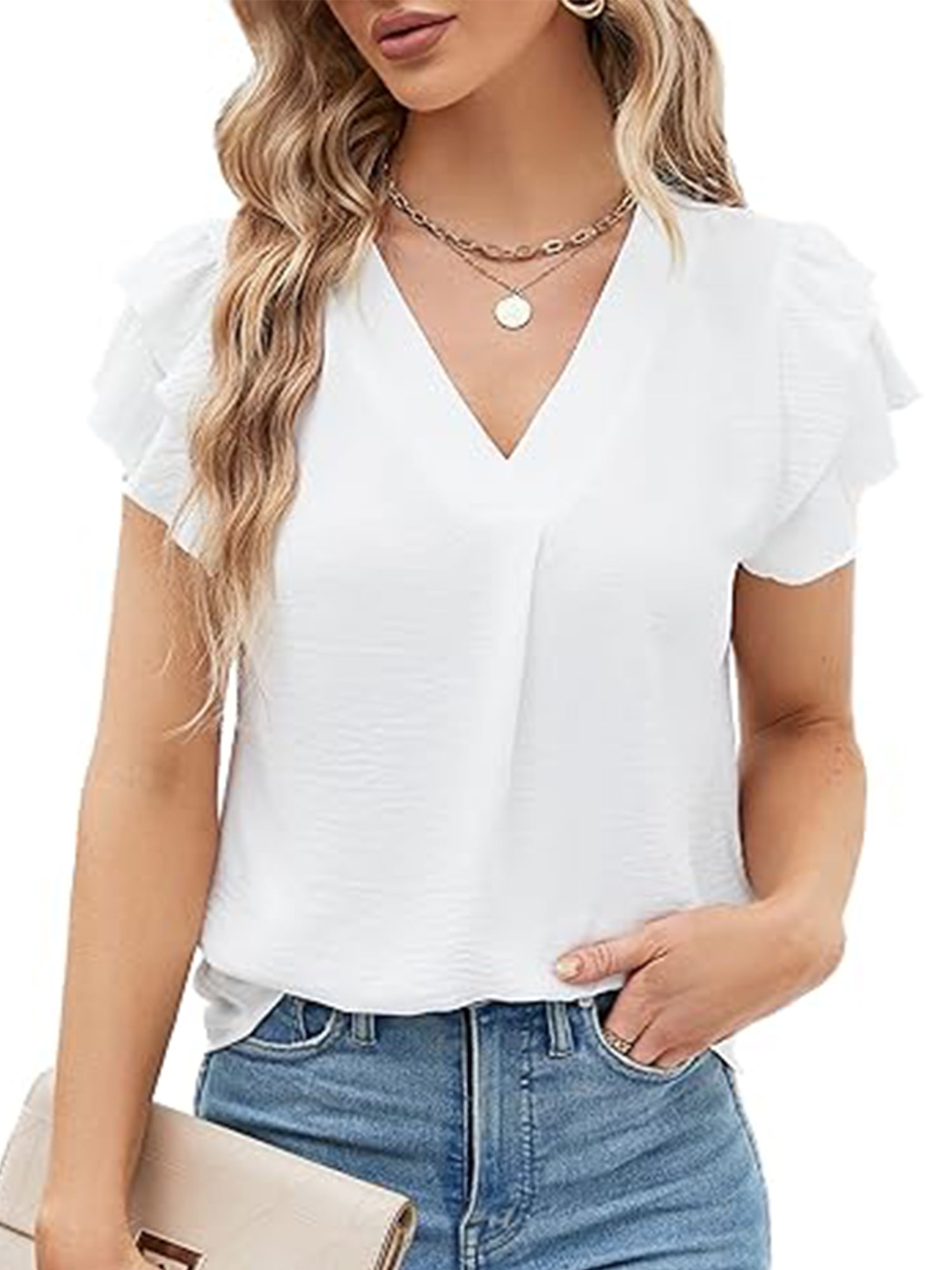 VDJ Womens Dressy Tops Casual Shirts Petal Short Sleeve V Neck Business ...