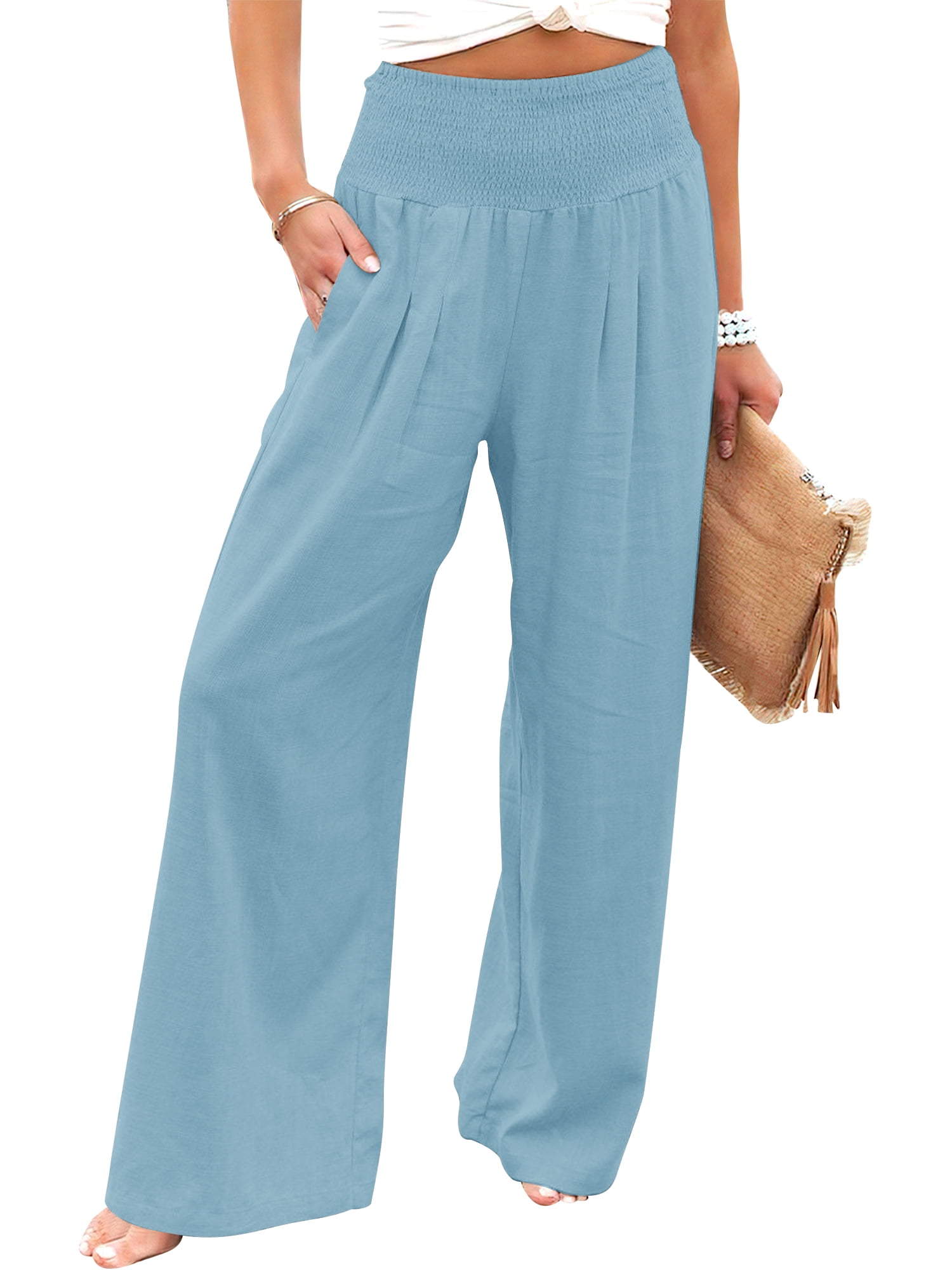 VDJ Womens Pants Summer Boho Elastic Wide Waistband Fashion Wide leg ...