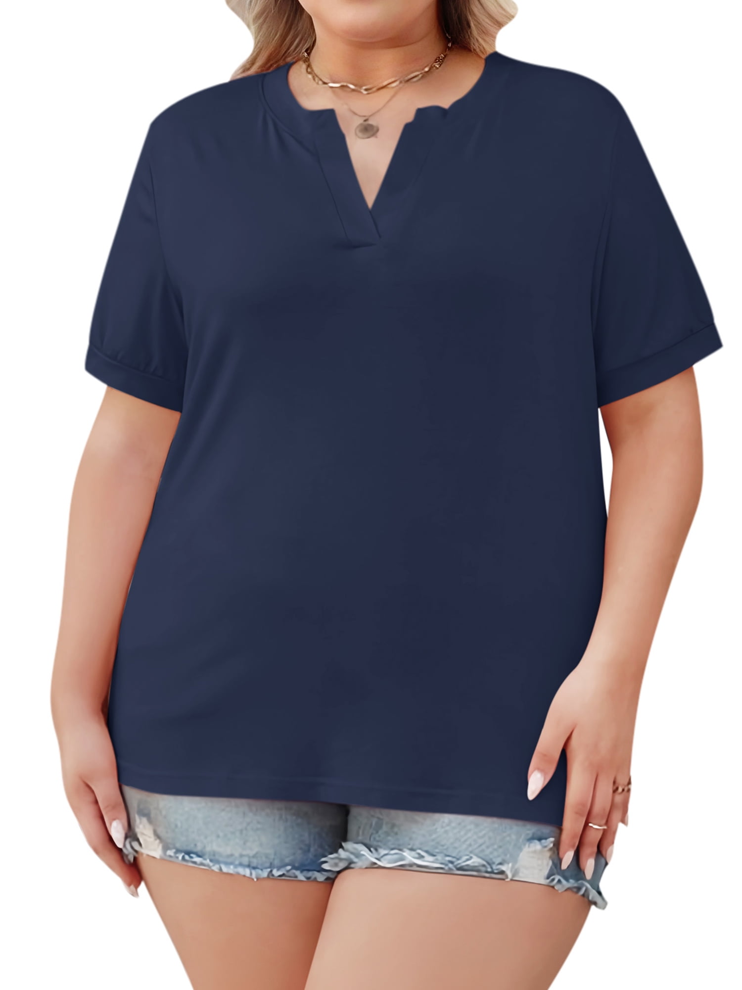 VDJ Womens Plus Size Tops Short Sleeve Henley V Neck T Shirts Blouses ...