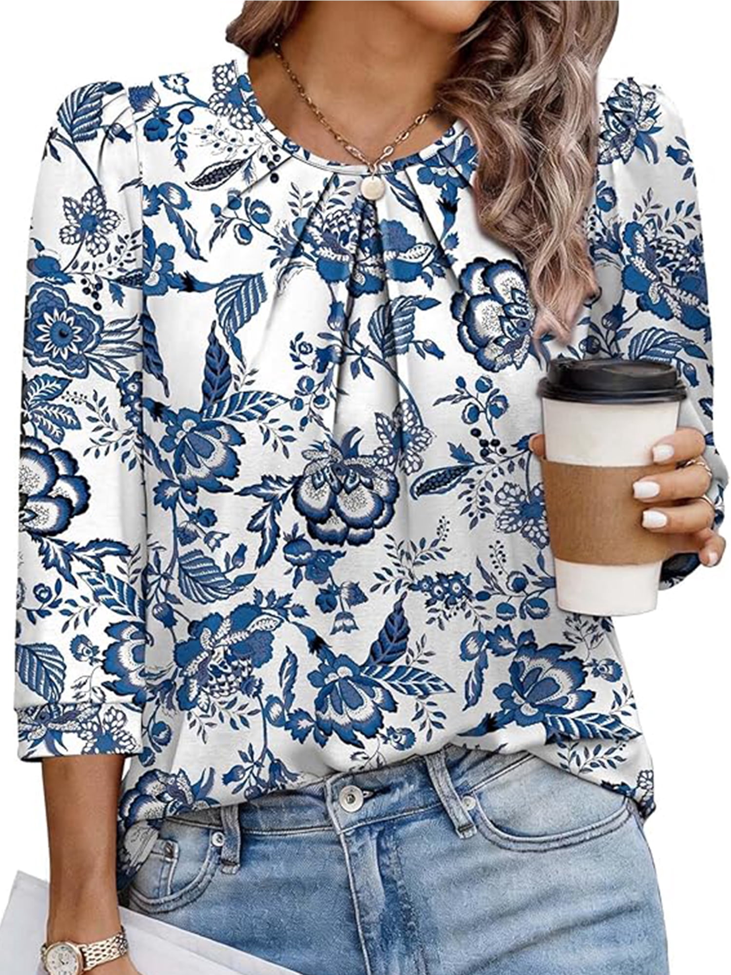VDJ Womens Tops Casual Business Work 3/4 Length Sleeve T-Shirts Floral ...