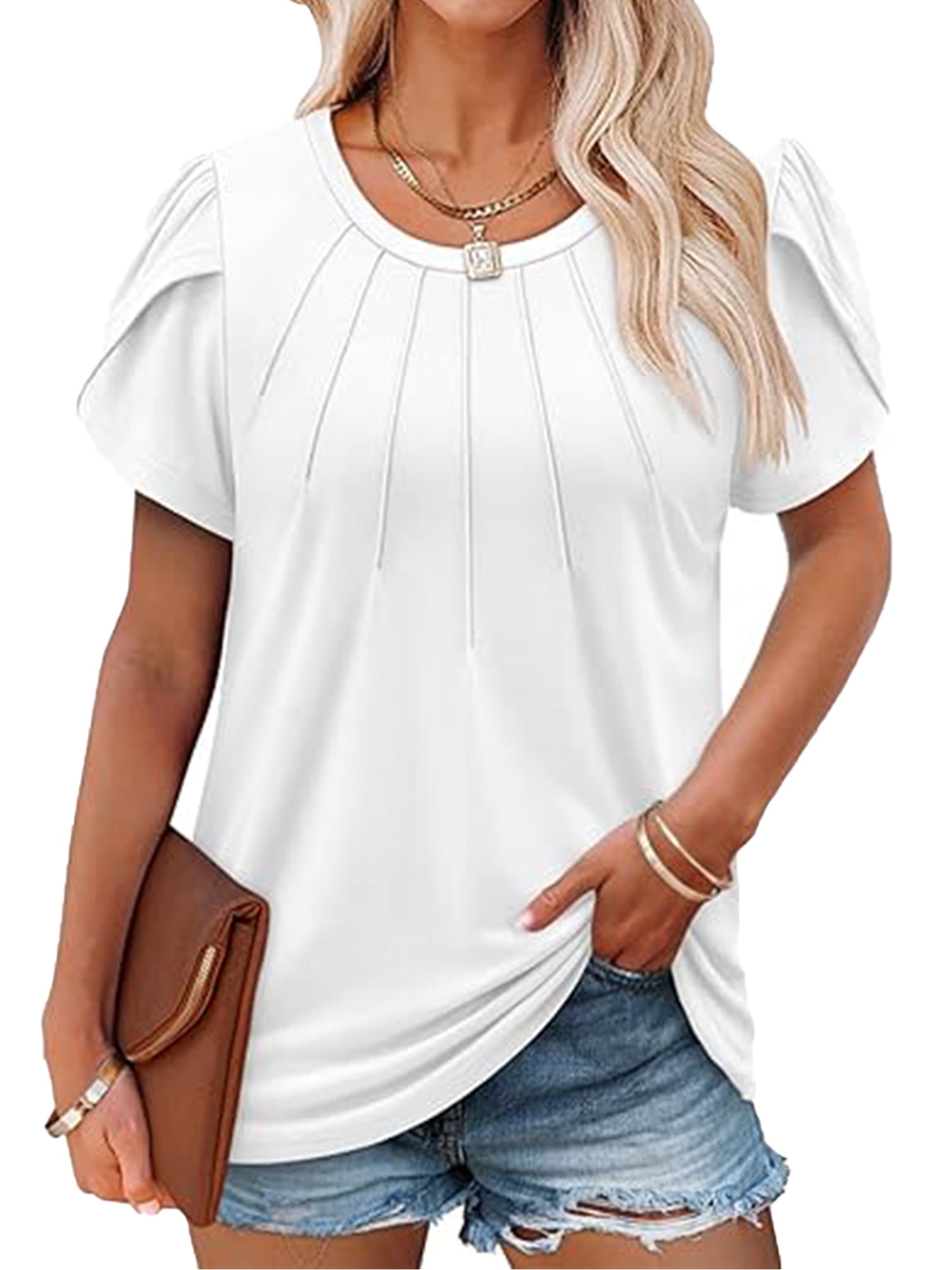 VDJ Womens Tops Dressy Blouses Casual Tshirts Summer Short Sleeve White ...