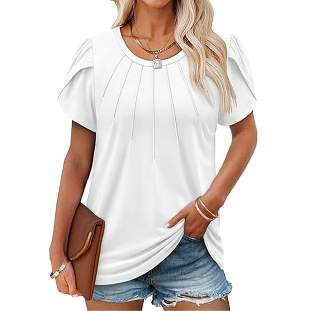 VDJ Womens Tops Dressy Blouses Casual Tshirts Summer Short Sleeve White ...