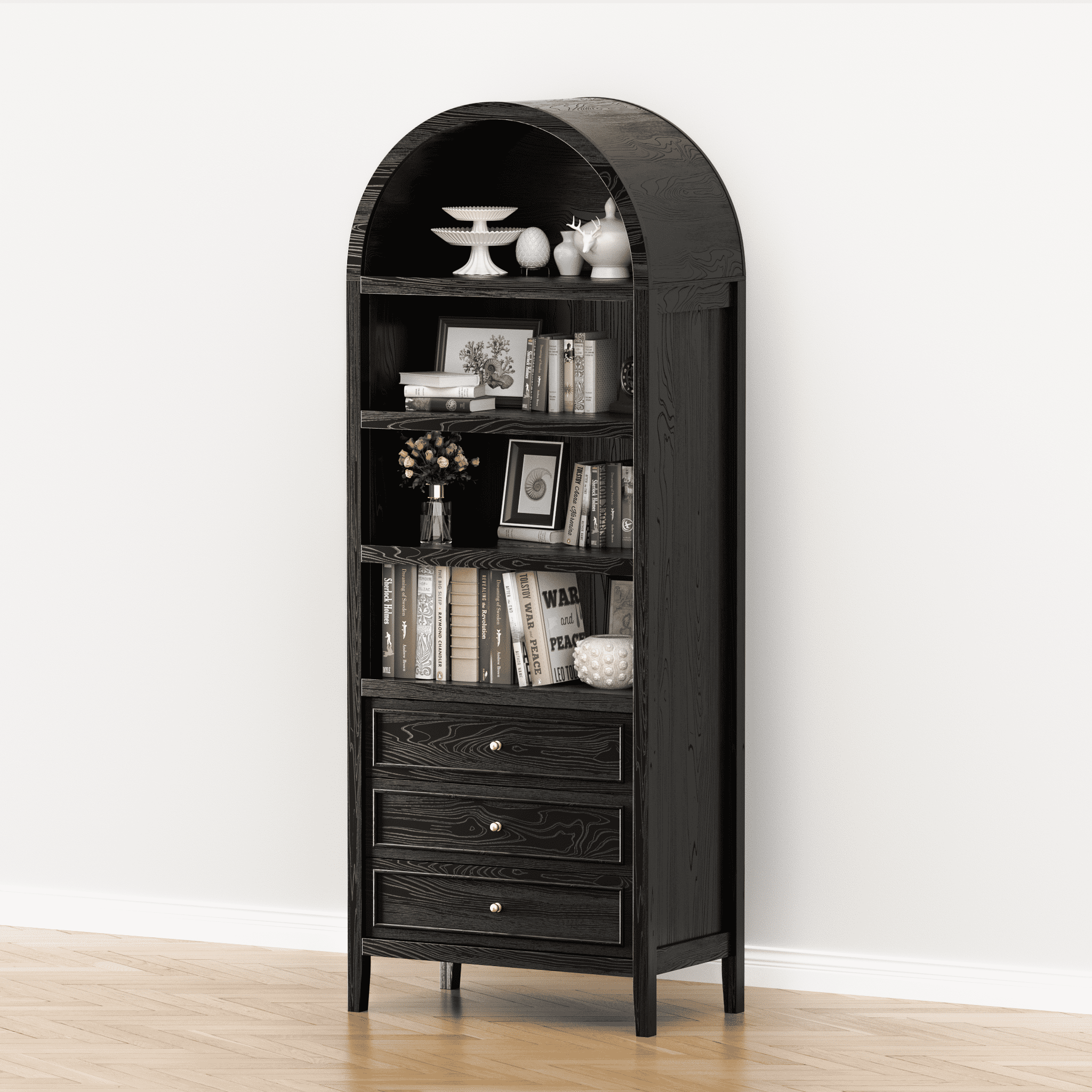 VDNEND Tall Bookcase and Book Shelf with Drawers, 71-Inch Arched Wood 4 ...
