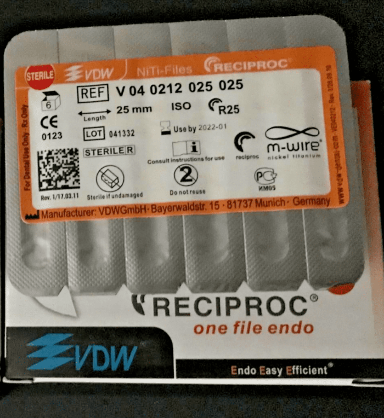 VDW RECIPROC Sterille File Endo M-WIRE 25mm R25 6pcs/Pack NiTi-Files ...