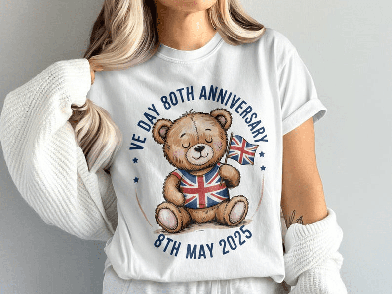 VE Day 80th Anniversary T Shirt Teddy Bear British Flag Union Jack ...
