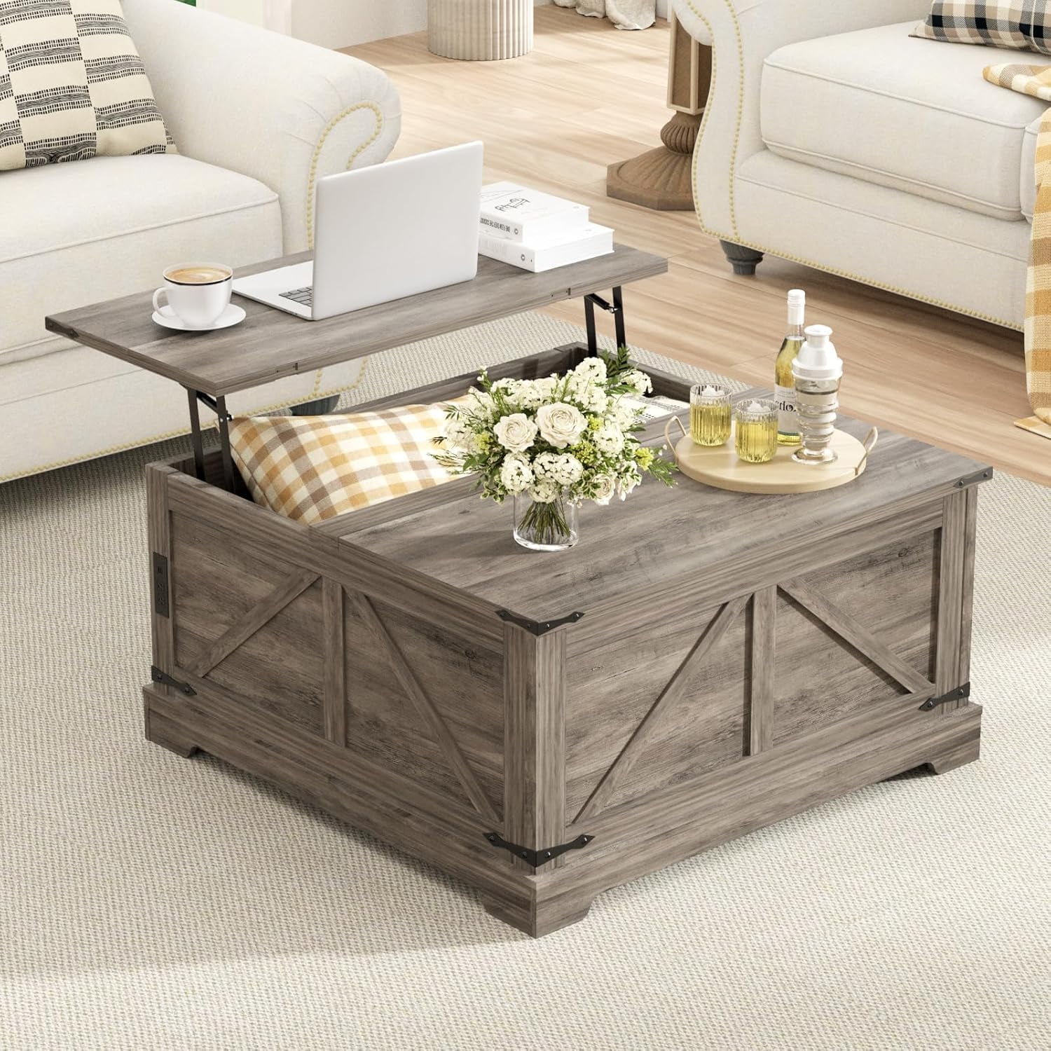 VEANERWOOD 31.5" Lift Top Coffee Table, Farmhouse Wood Square Center ...
