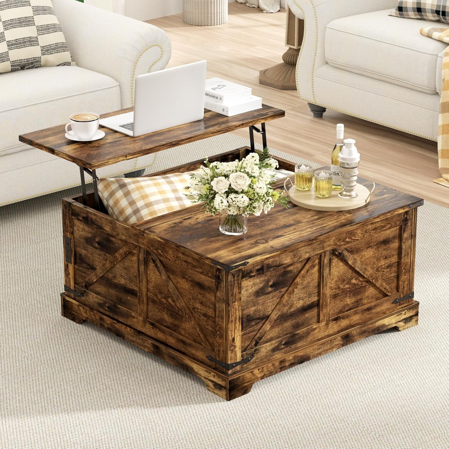 VEANERWOOD 31.5" Lift Top Coffee Table, Farmhouse Wood Square Center ...