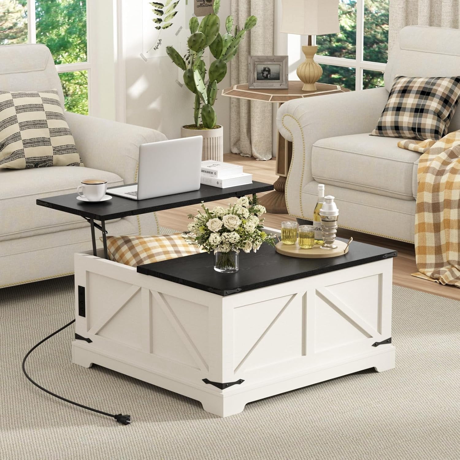 VEANERWOOD 35.4" Lift Top Coffee Table, Farmhouse Wood Square Center ...