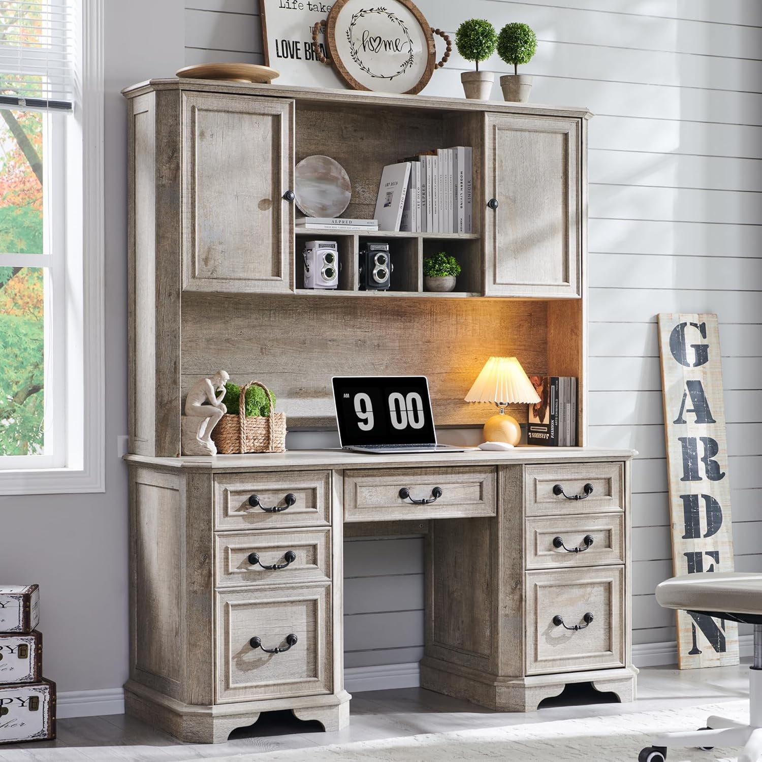 VEANERWOOD 47" Executive Desk with Hutch & LED Lights & Charging ...