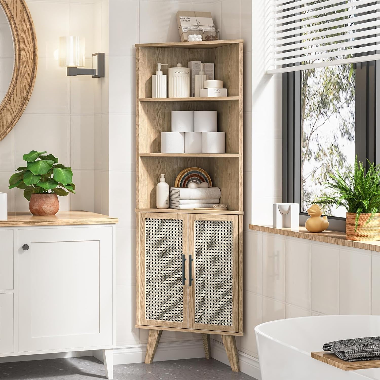 VEANERWOOD 64" Tall Corner Storage Cabinet, Rattan Free Standing Corner ...