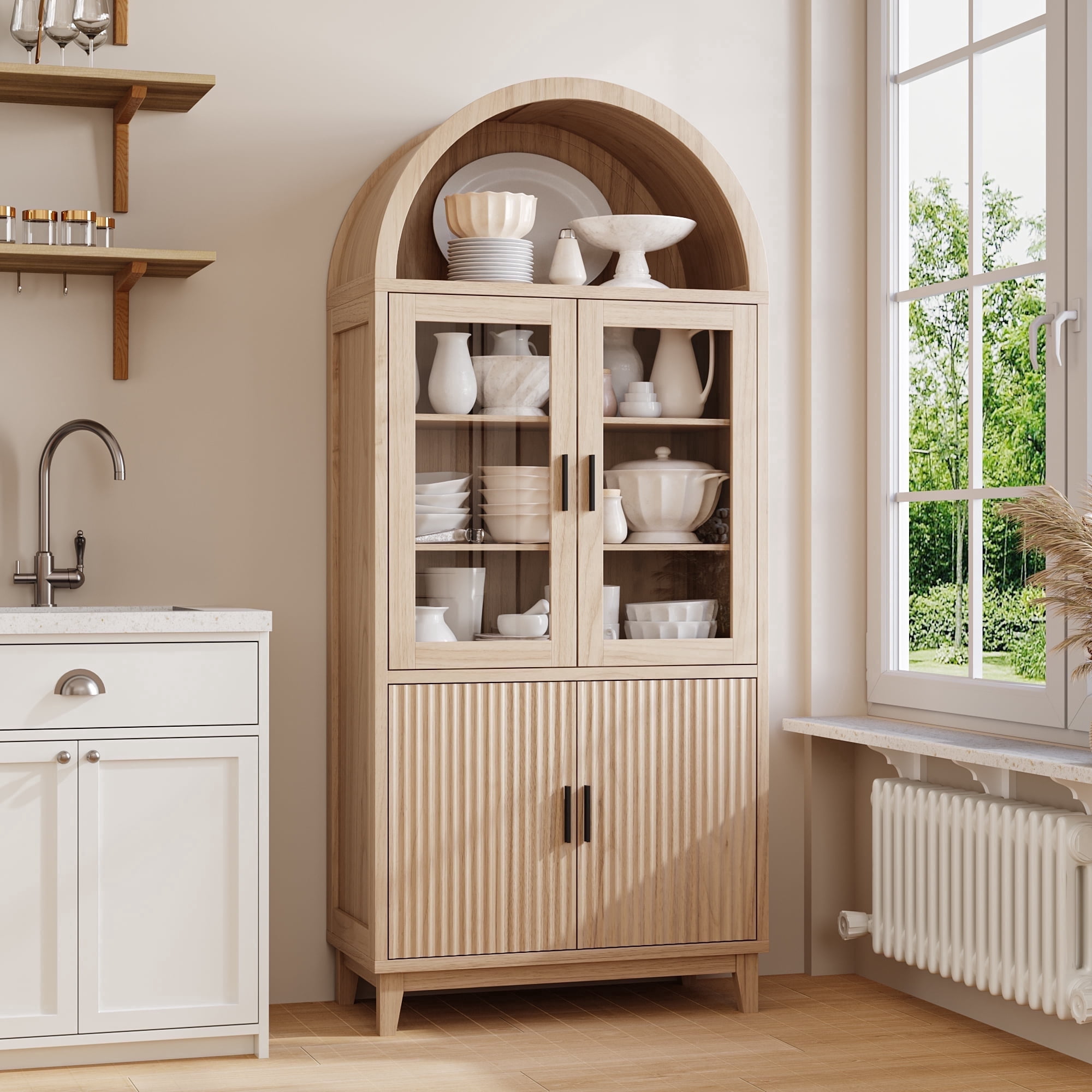 VEANERWOOD 71" Tall Arch Cabinet, Wood Fluted Kitchen Kitchen Storage ...