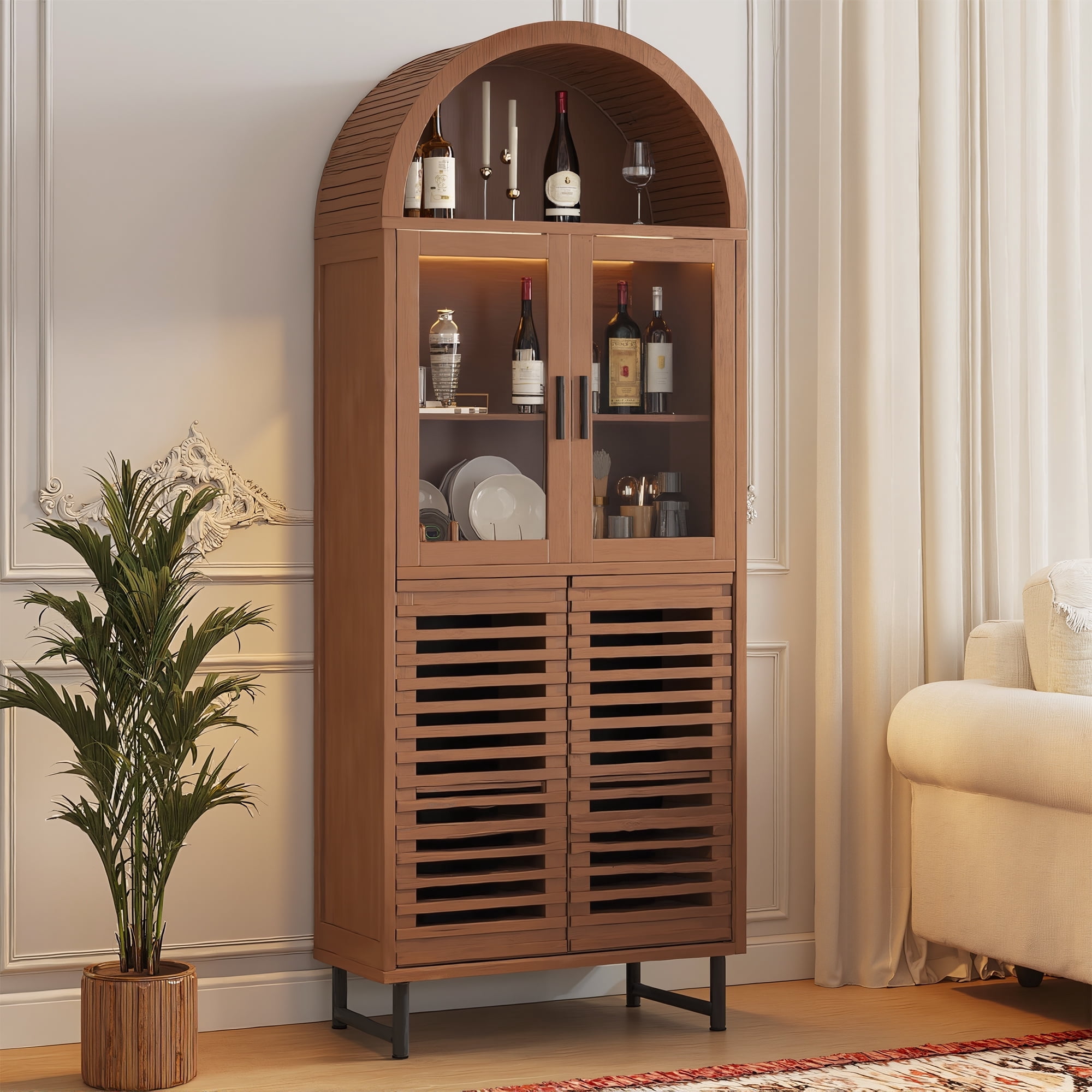 VEANERWOOD 78" Tall Louvered Arched Cabinet with LED Lights, Kitchen ...