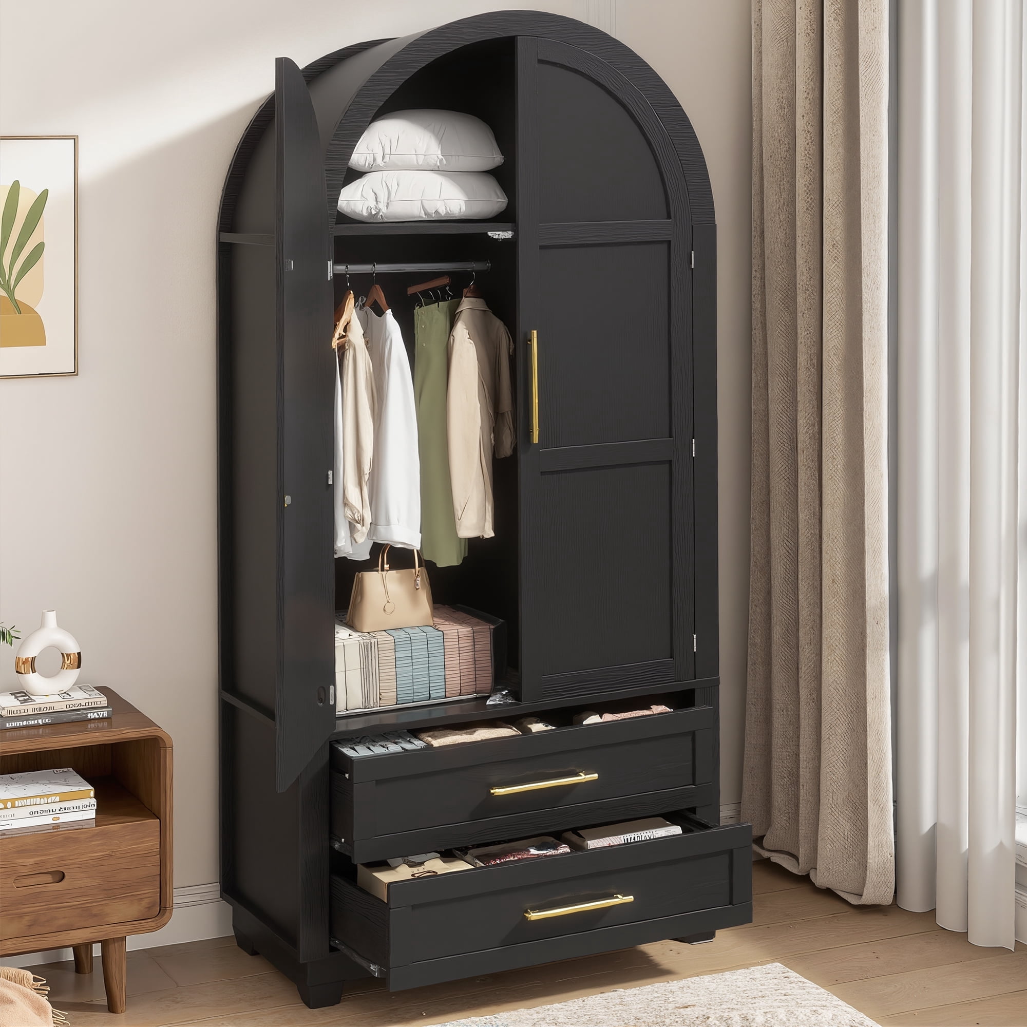 VEANERWOOD Arched Armoire Wardrobe Closet with 2 Drawers, Wooden ...
