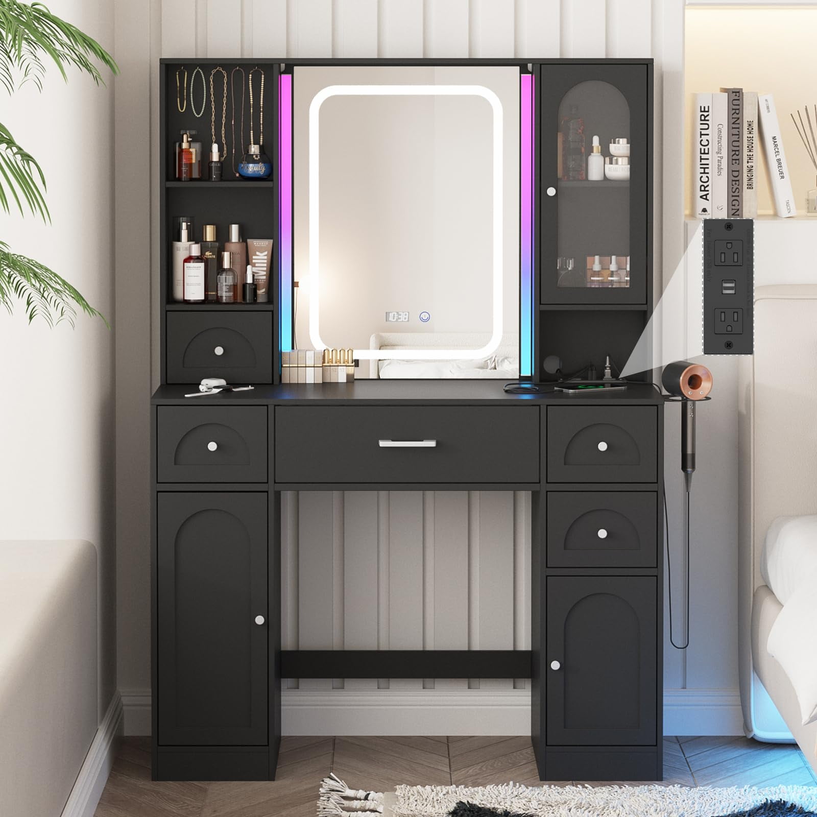 VEANERWOOD Vanity Desk with LED Mirror, RGB Lights, Power Strip, 5 ...