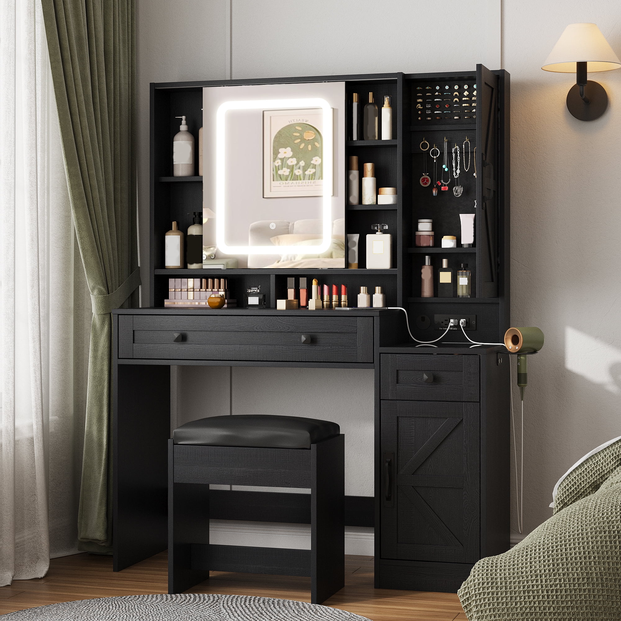 VEANERWOOD Black Vanity Desk Set with Sliding Lighted Mirror, Makeup ...
