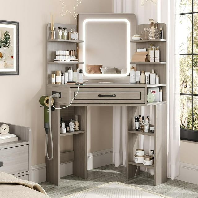 VEANERWOOD Corner Vanity Desk with Large LED Mirror, Farmhouse Makeup ...