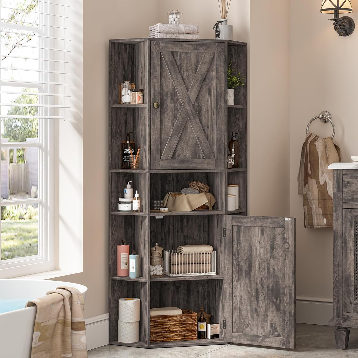VEANERWOOD Farmhouse 55" Tall Corner Cabinet, 10-Cubby Corner Storage ...