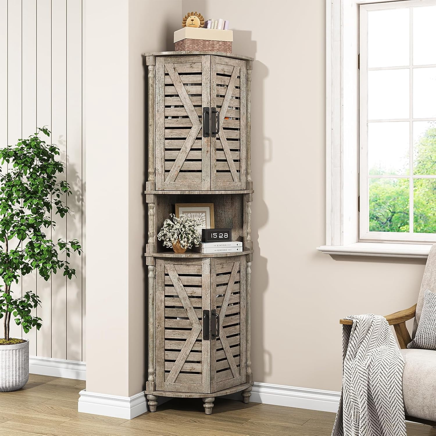 VEANERWOOD Farmhouse 67" Tall Corner Cabinet with 4 Barn Doors ...