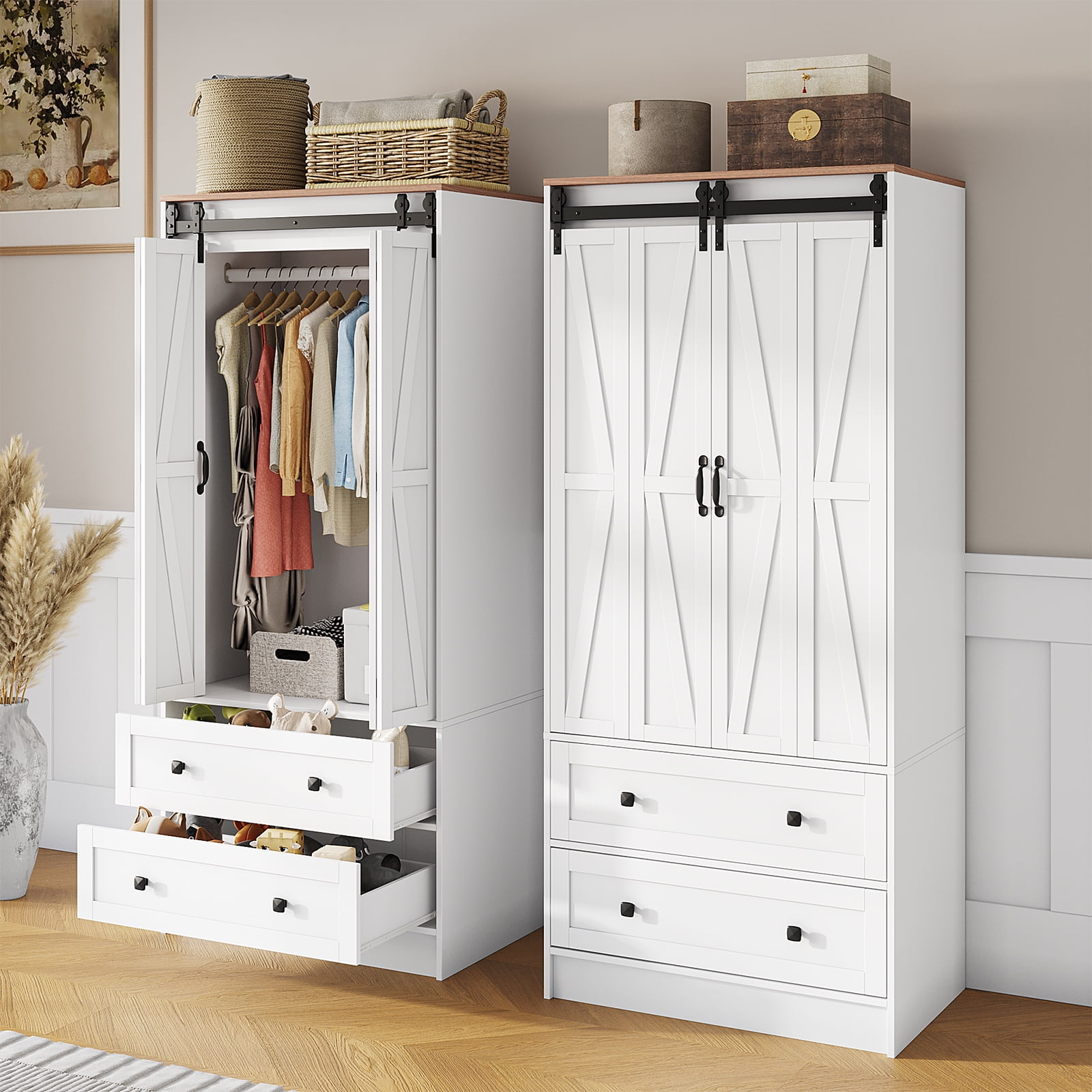 VEANERWOOD Farmhouse Armoire Wardrobe Closet with 2 Modern Doors,71 ...