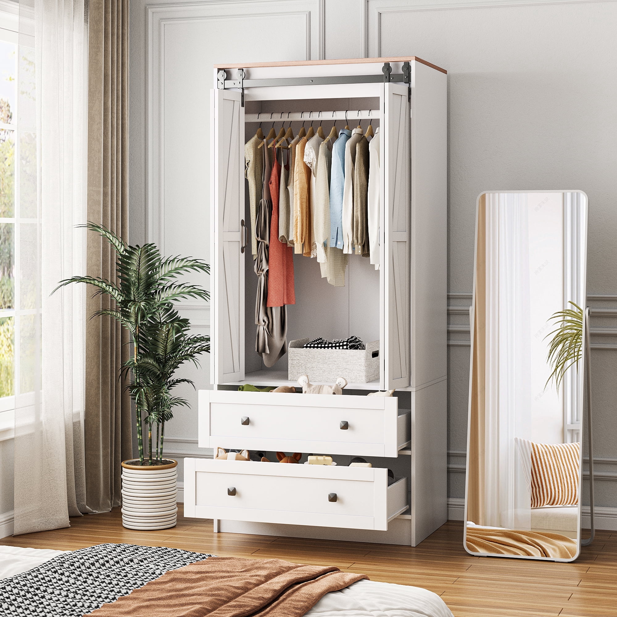 VEANERWOOD Farmhouse Armoire Wardrobe Closet with 2 Modern Doors,71 ...