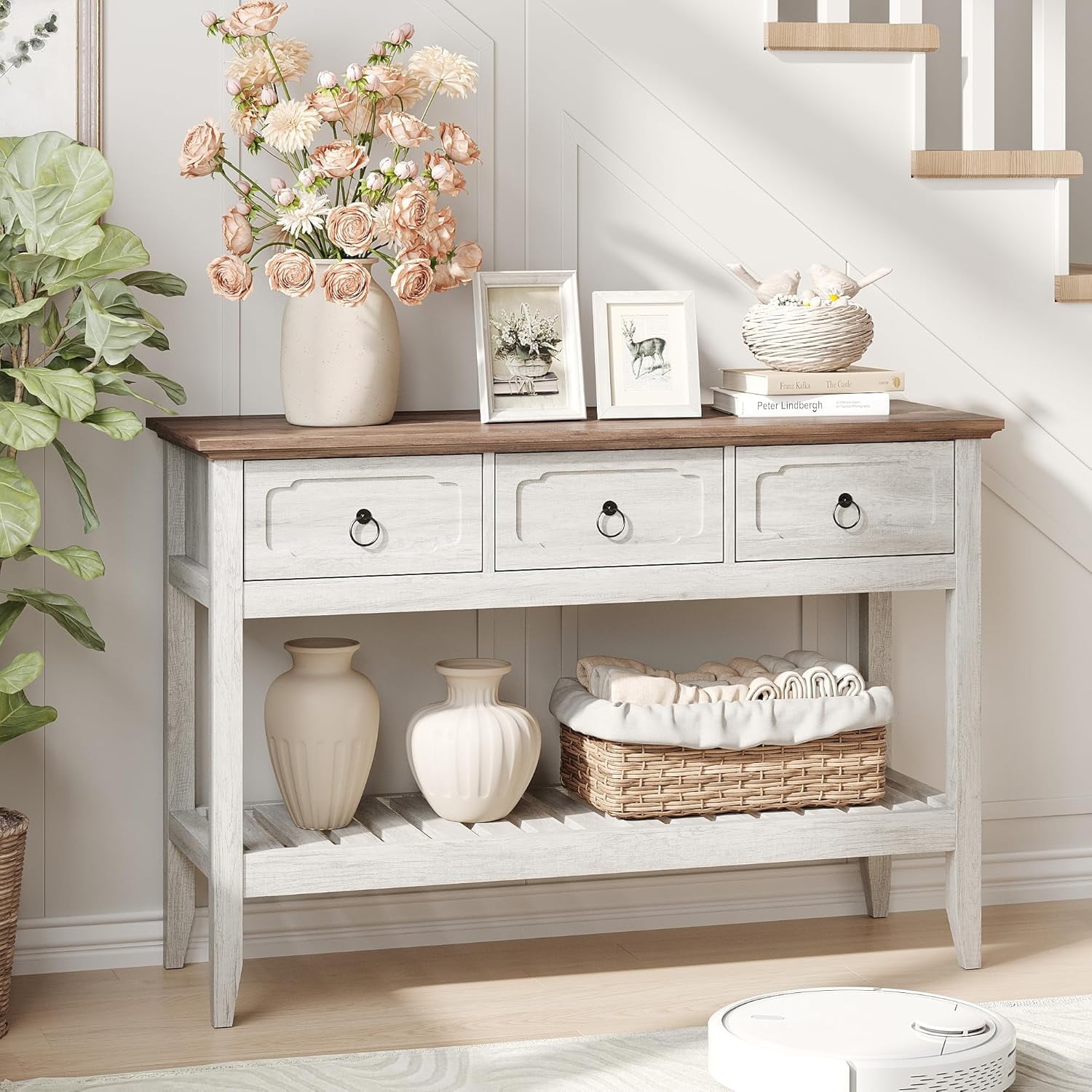 VEANERWOOD Farmhouse Entryway Table with 3 Drawers, 2-Tier Console ...