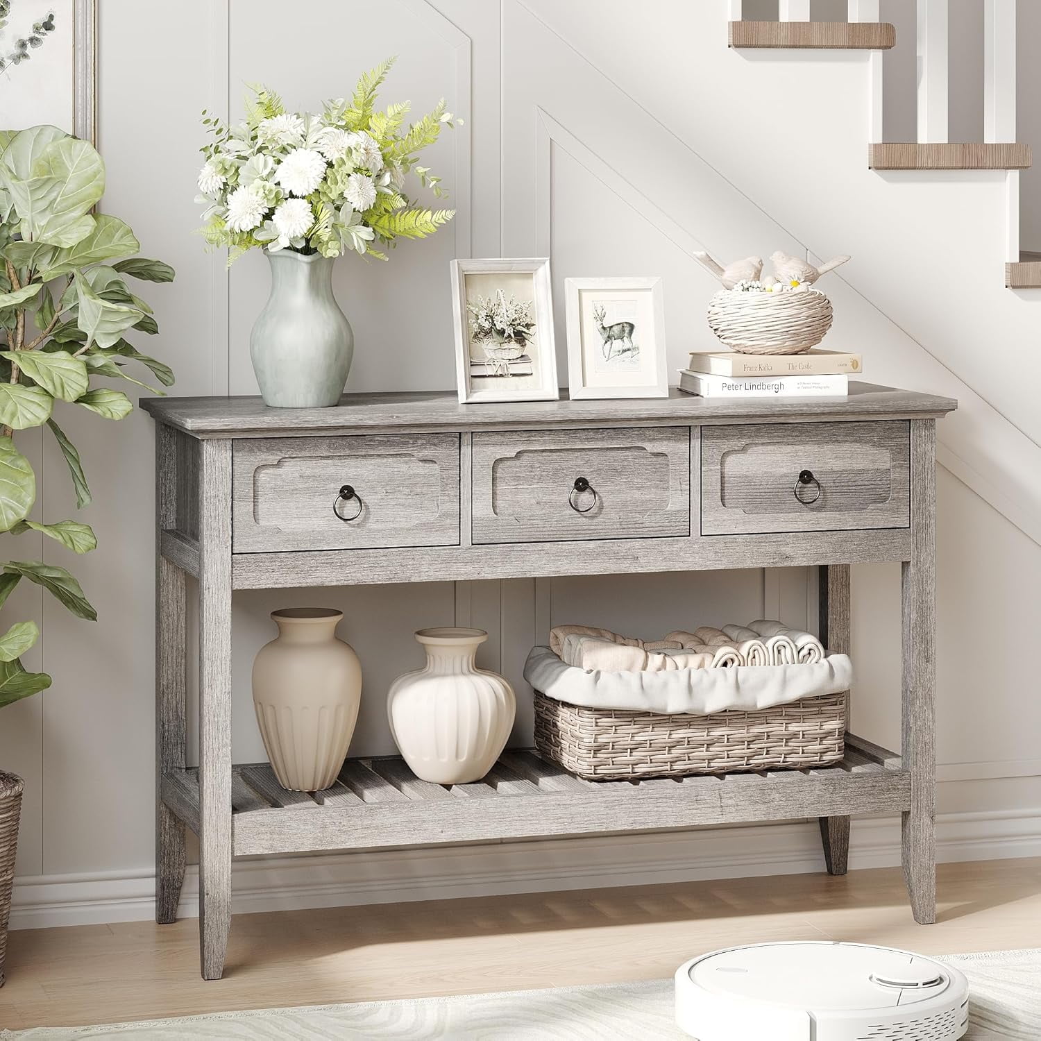 VEANERWOOD Farmhouse Entryway Table with 3 Drawers, 2-Tier Console ...