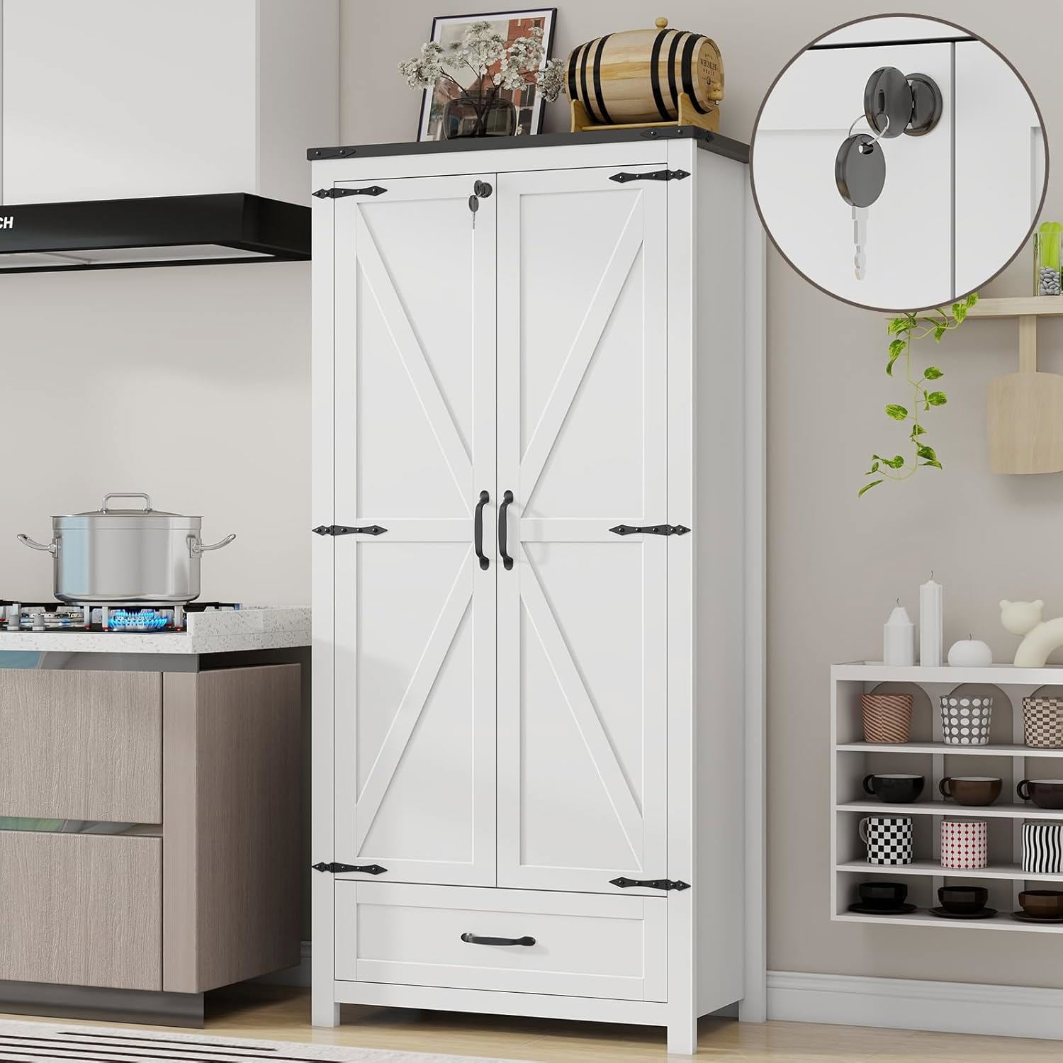 VEANERWOOD Farmhouse Kitchen Pantry Storage Cabinet with Lock ...
