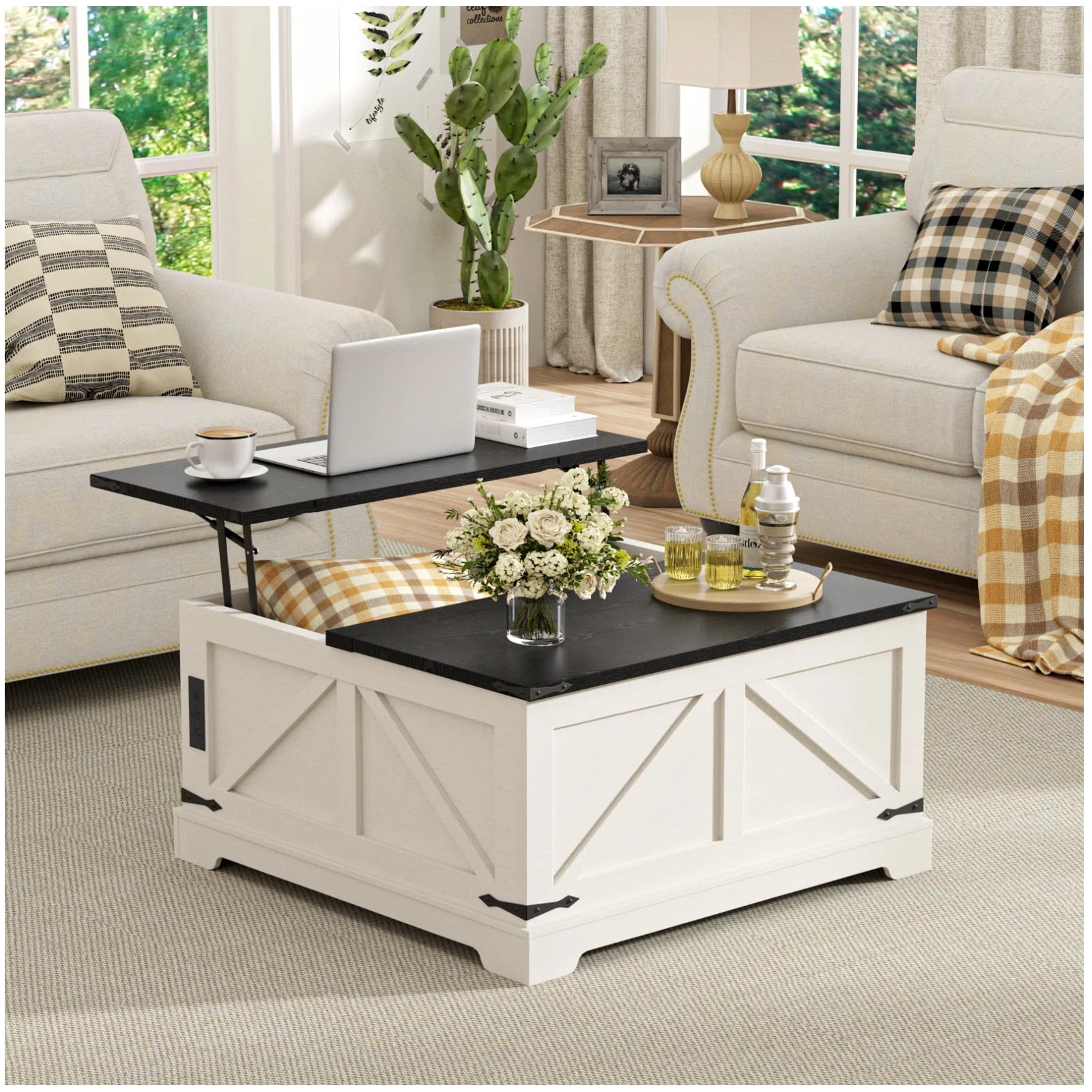 VEANERWOOD Farmhouse Lift Top Coffee Table,Rustic Cocktail Tables with ...