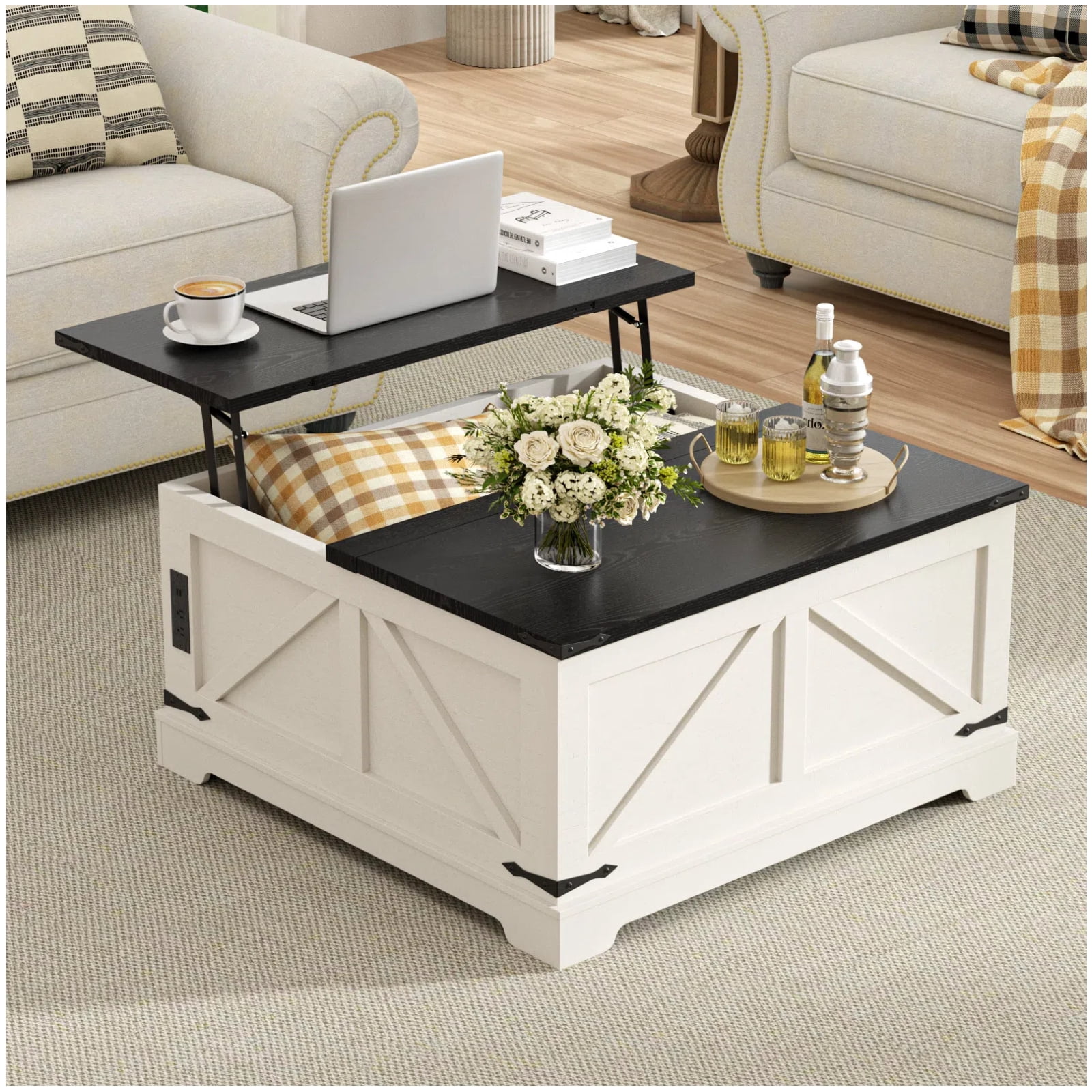 VEANERWOOD Farmhouse Lift Top Coffee Table with Storage, 31.5" W Wood ...