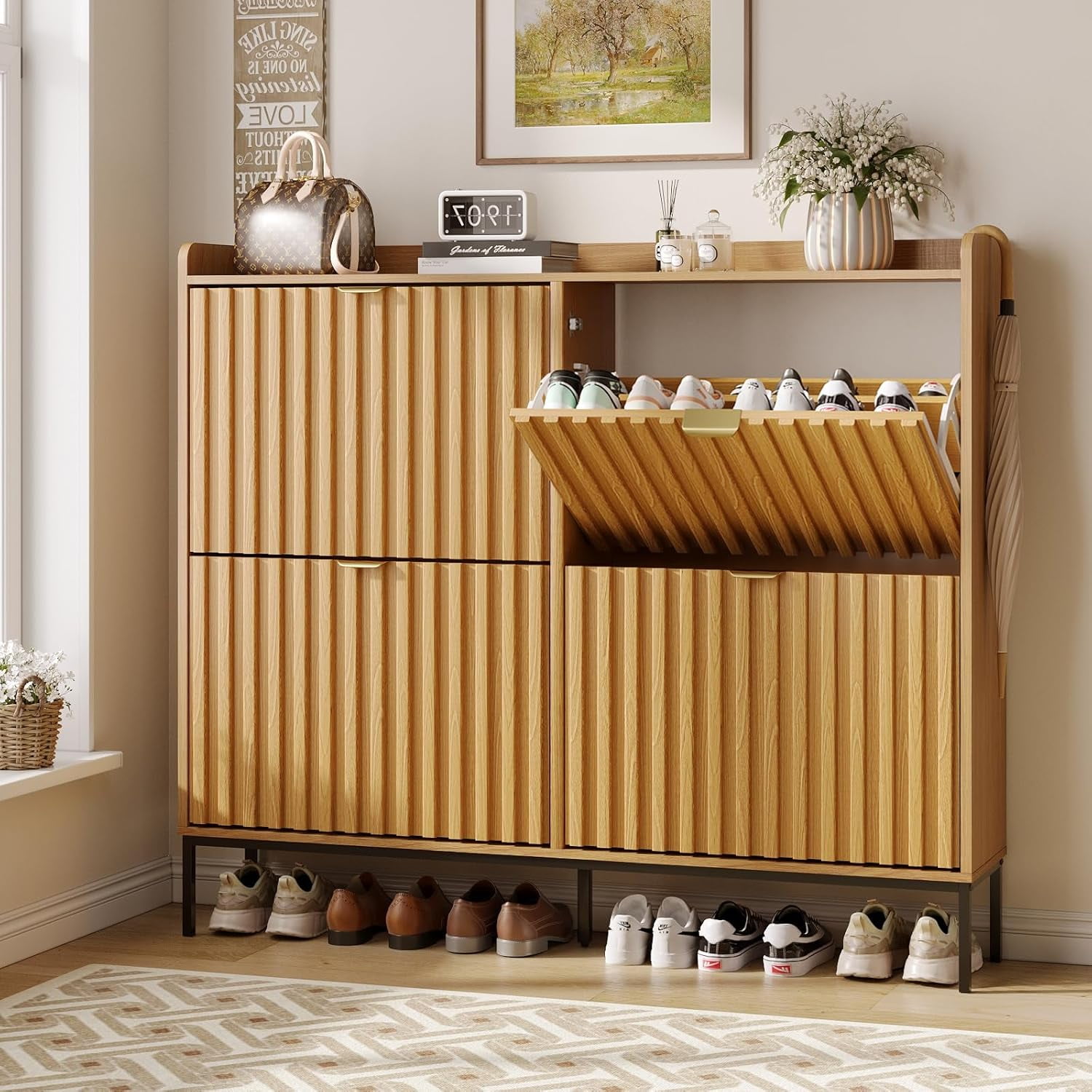 VEANERWOOD Fluted Shoe Storage Cabinet with 4 Flip Drawers, Modern Shoe ...