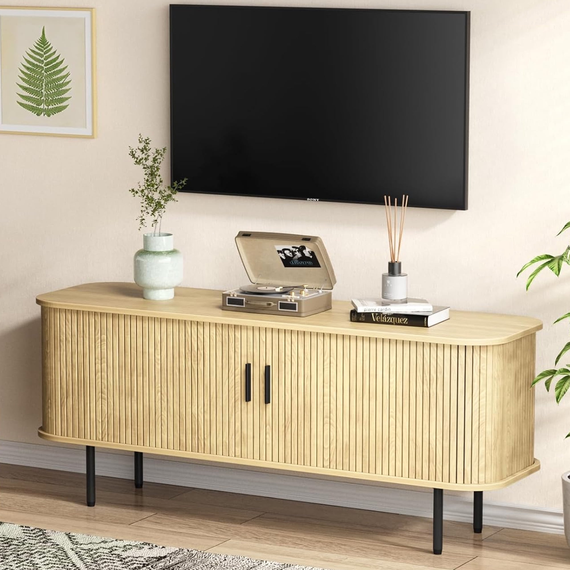 VEANERWOOD Fluted TV Stand for TVs Up To 65", Console Table Credenza with Storage Tambour ...