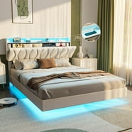 Gyfimoie Queen Floating Bed Frame with LED Lights, Modern Upholstered ...