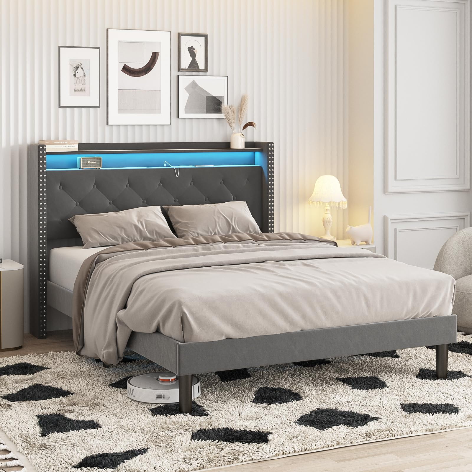 VEANERWOOD Full Size Bed Frame with LED Headboard, Velvet Upholstered ...
