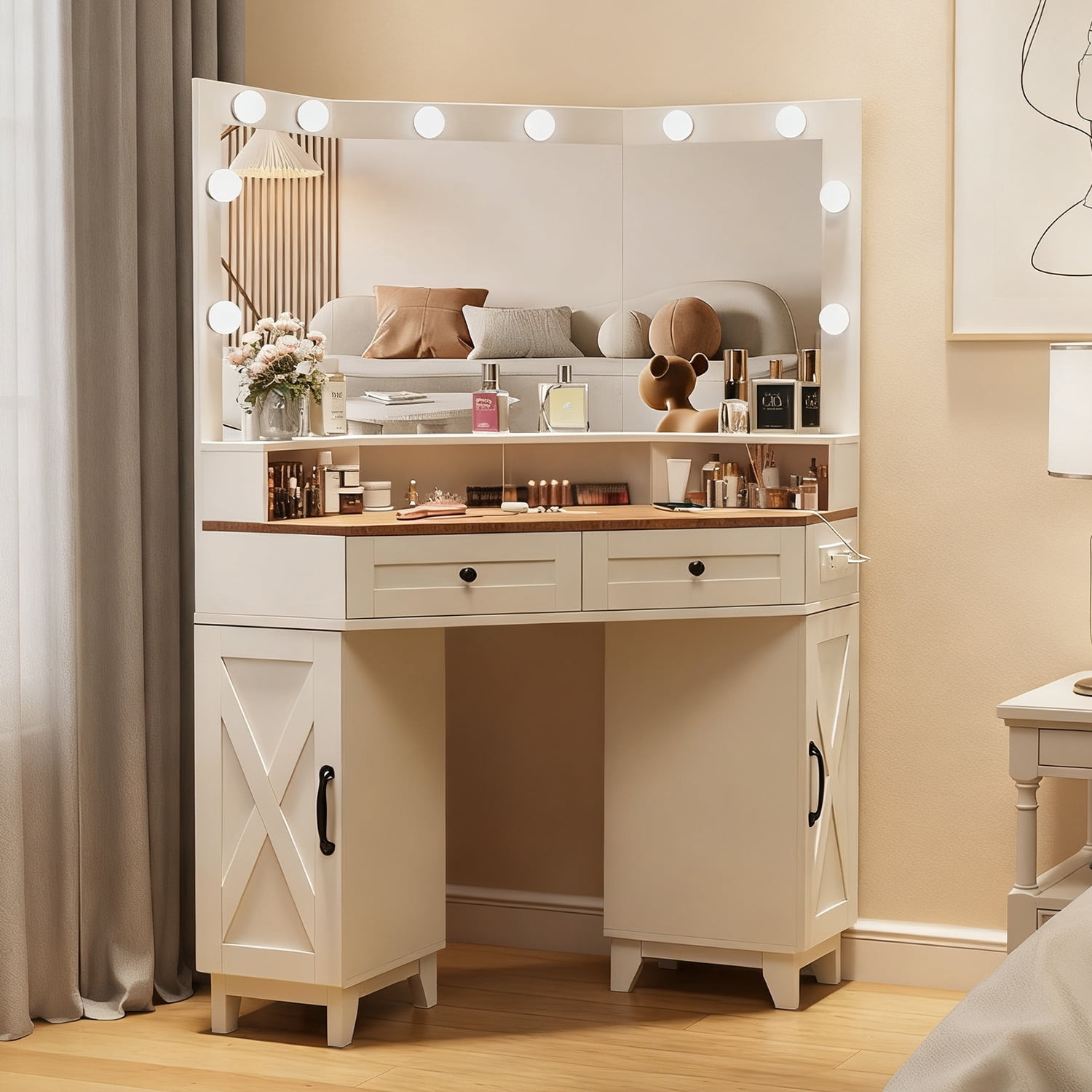 VEANERWOOD Large Corner Vanity Desk with Tri-fold Mirror and Lights ...