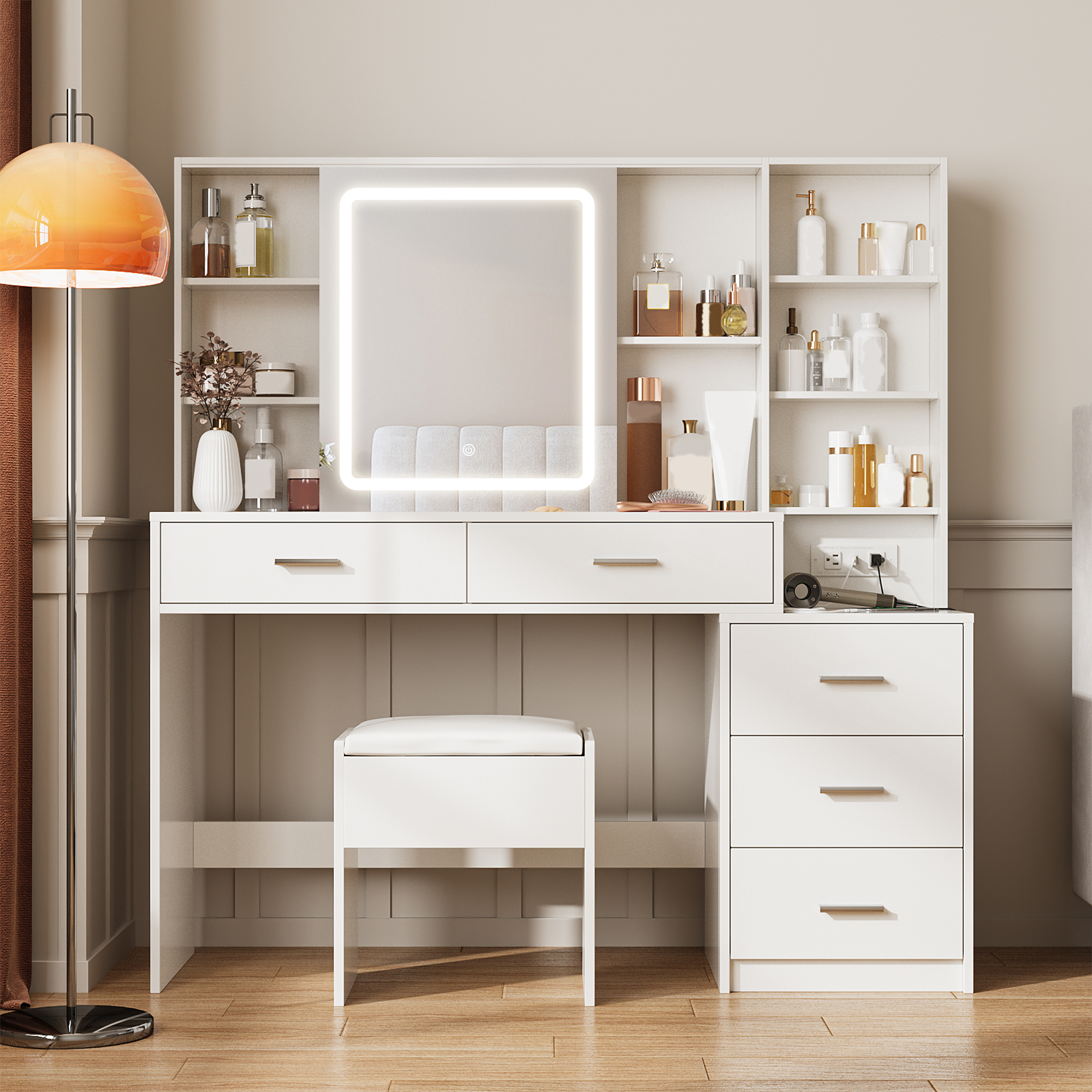 VEANERWOOD Large Vanity Desk Set with Lights, Sliding Mirror, 5 Drawers ...