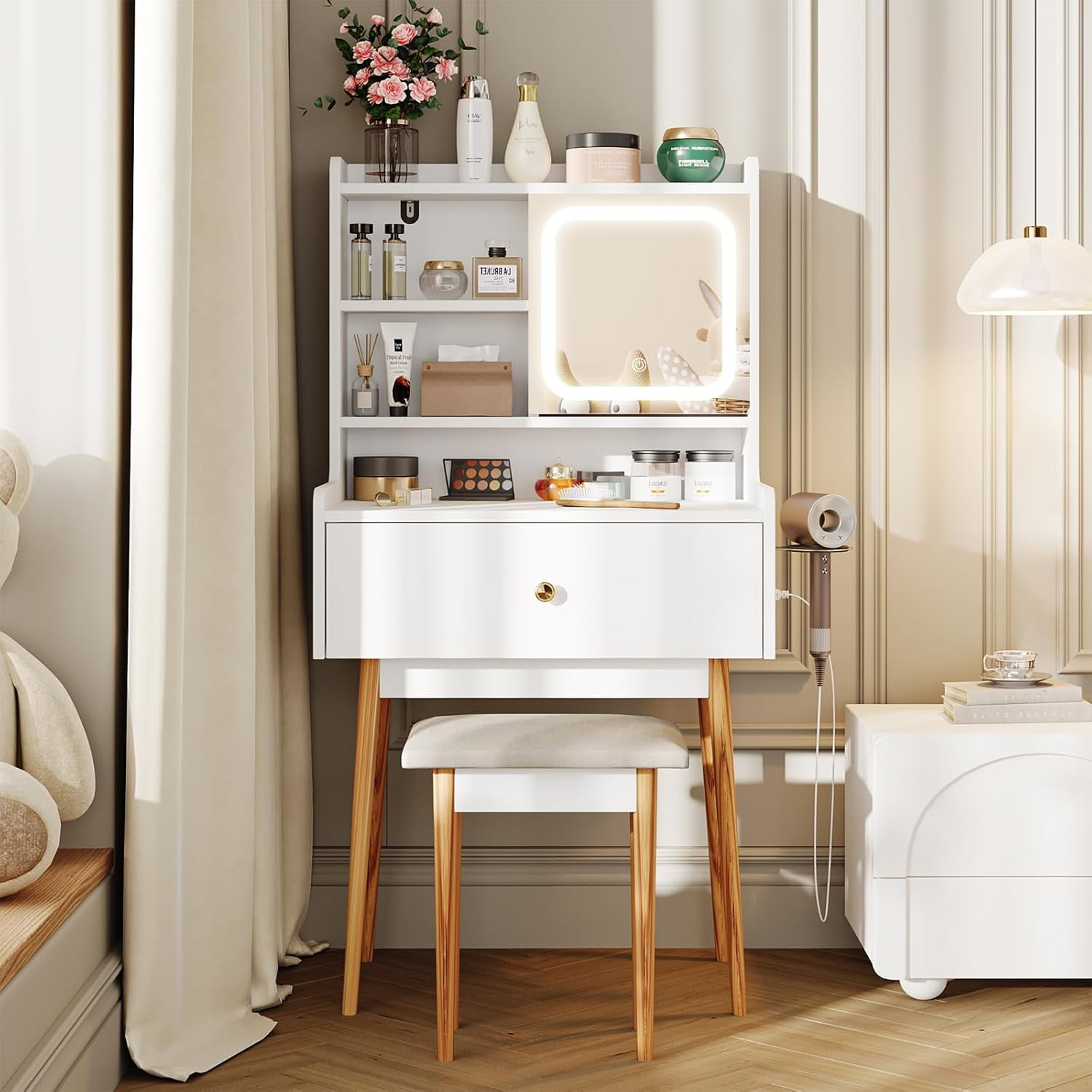 VEANERWOOD Makeup Vanity Desk for Small Space, White Vanity Set with ...