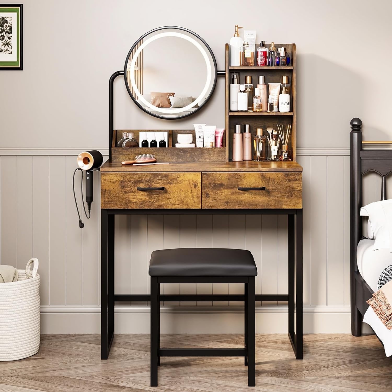 VEANERWOOD Makeup Vanity Set with Lights and Round Mirror, Modern ...
