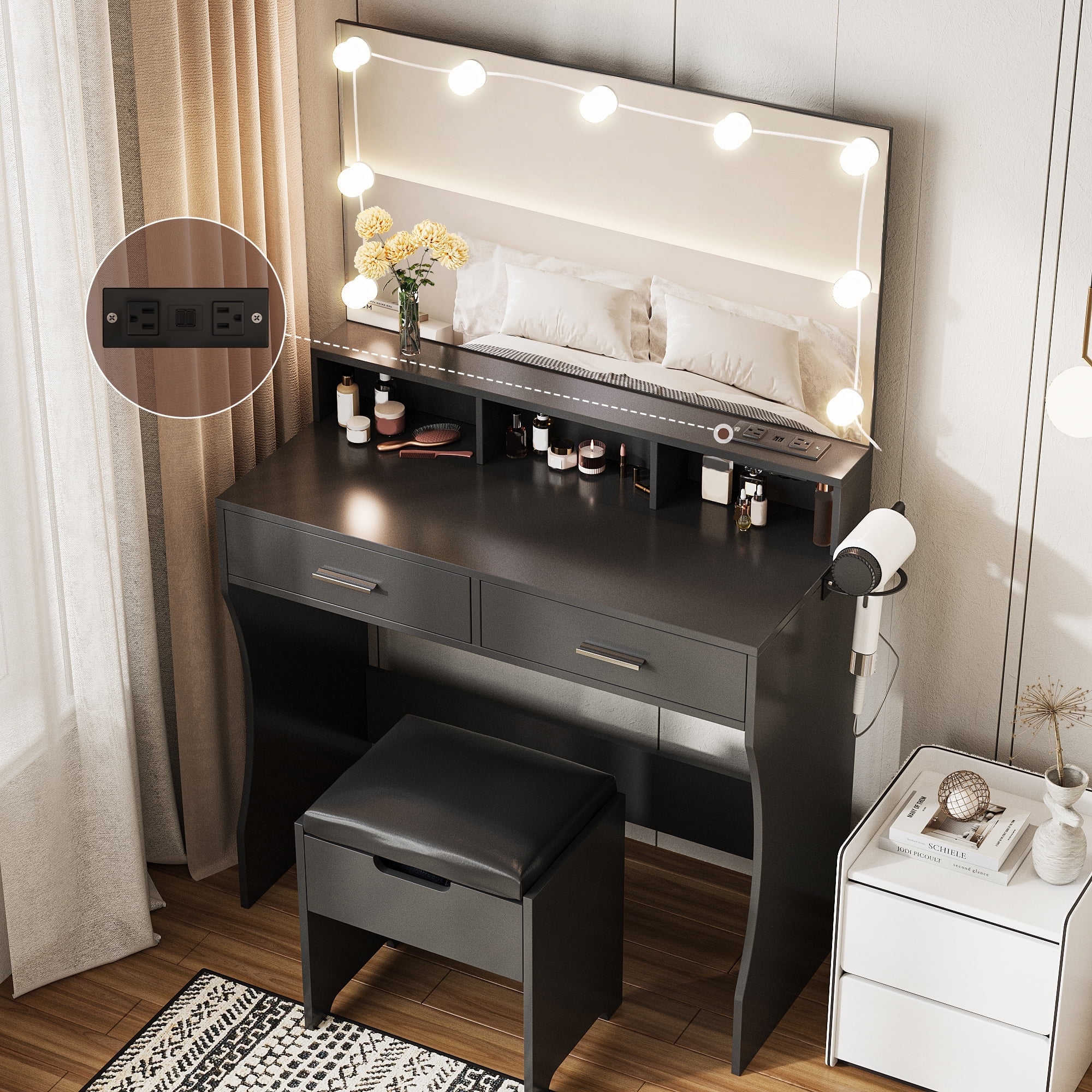 Veanerwood Large Makeup Vanity Table Set with LED Lighted Mirror ...