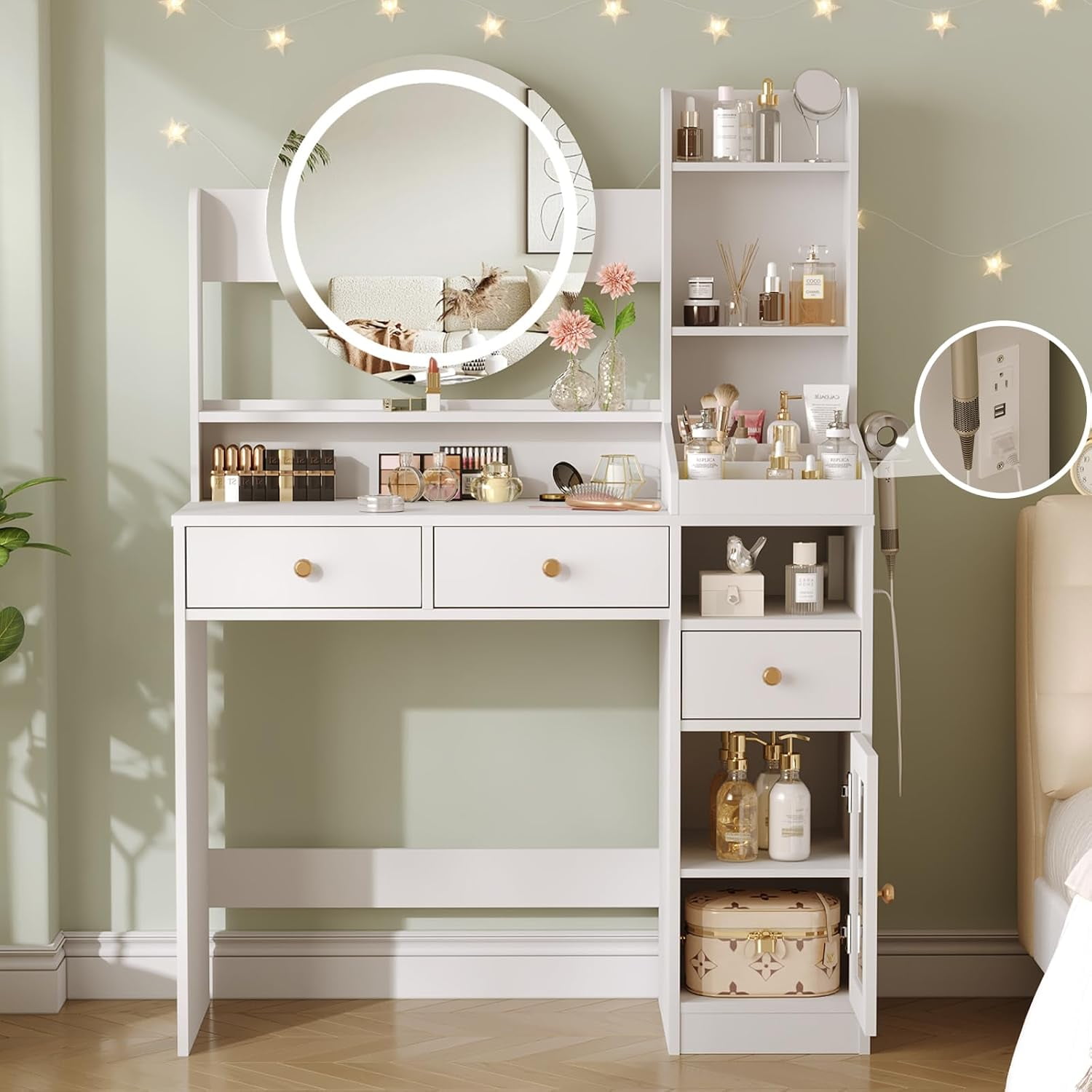 VEANERWOOD Makeup Vanity with Lights & Round Mirror, Vanity Desk with 3 ...