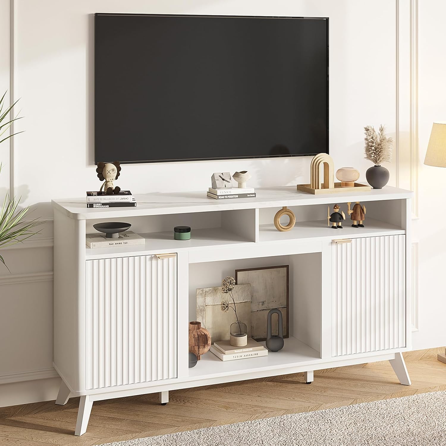 VEANERWOOD Modern TV Stands for TVs Up To 65", Fluted Entertainment ...
