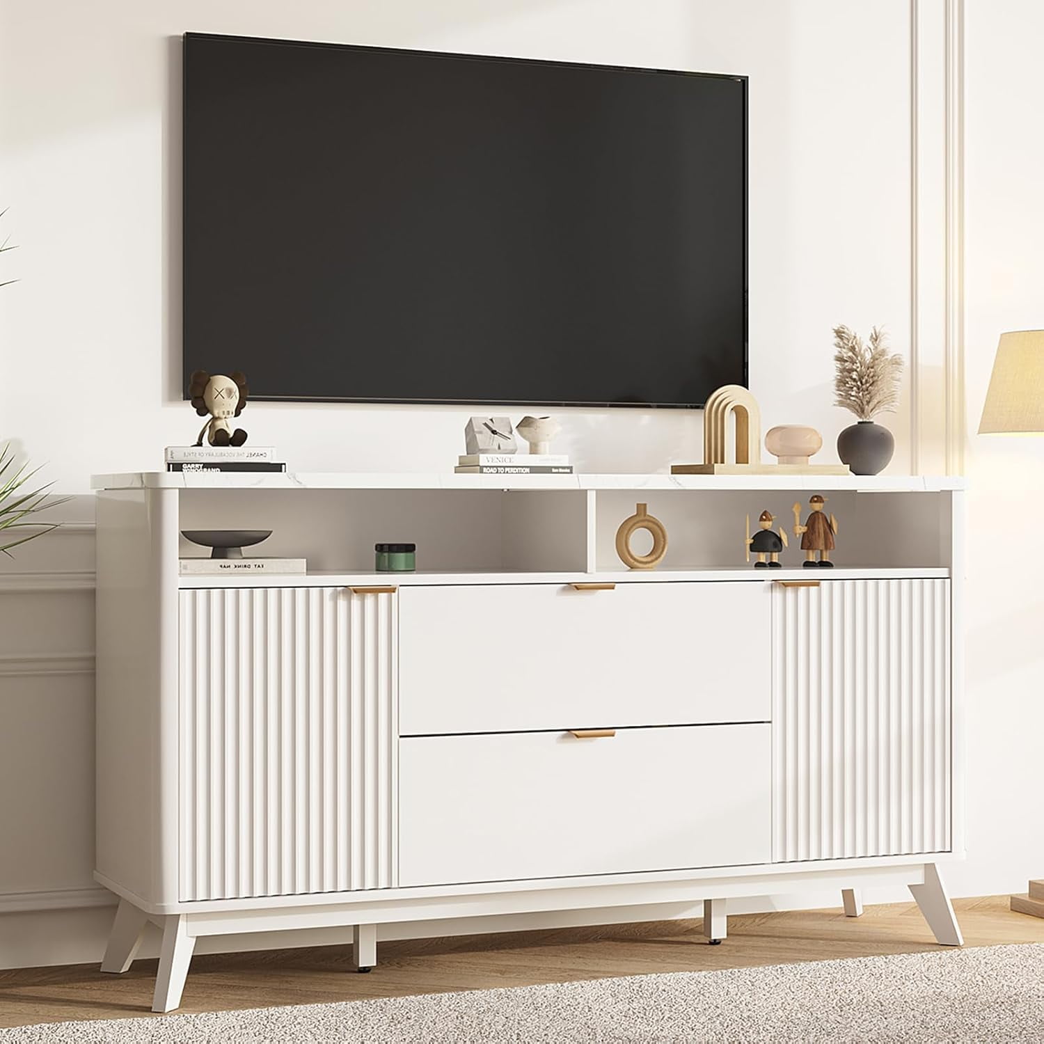 VEANERWOOD Modern TV Stands for TVs Up To 65", Fluted Entertainment ...