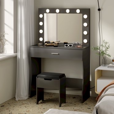 Angel Line Ella Vanity Table and Stool Set w/ Tri-Folding Mirror, White ...