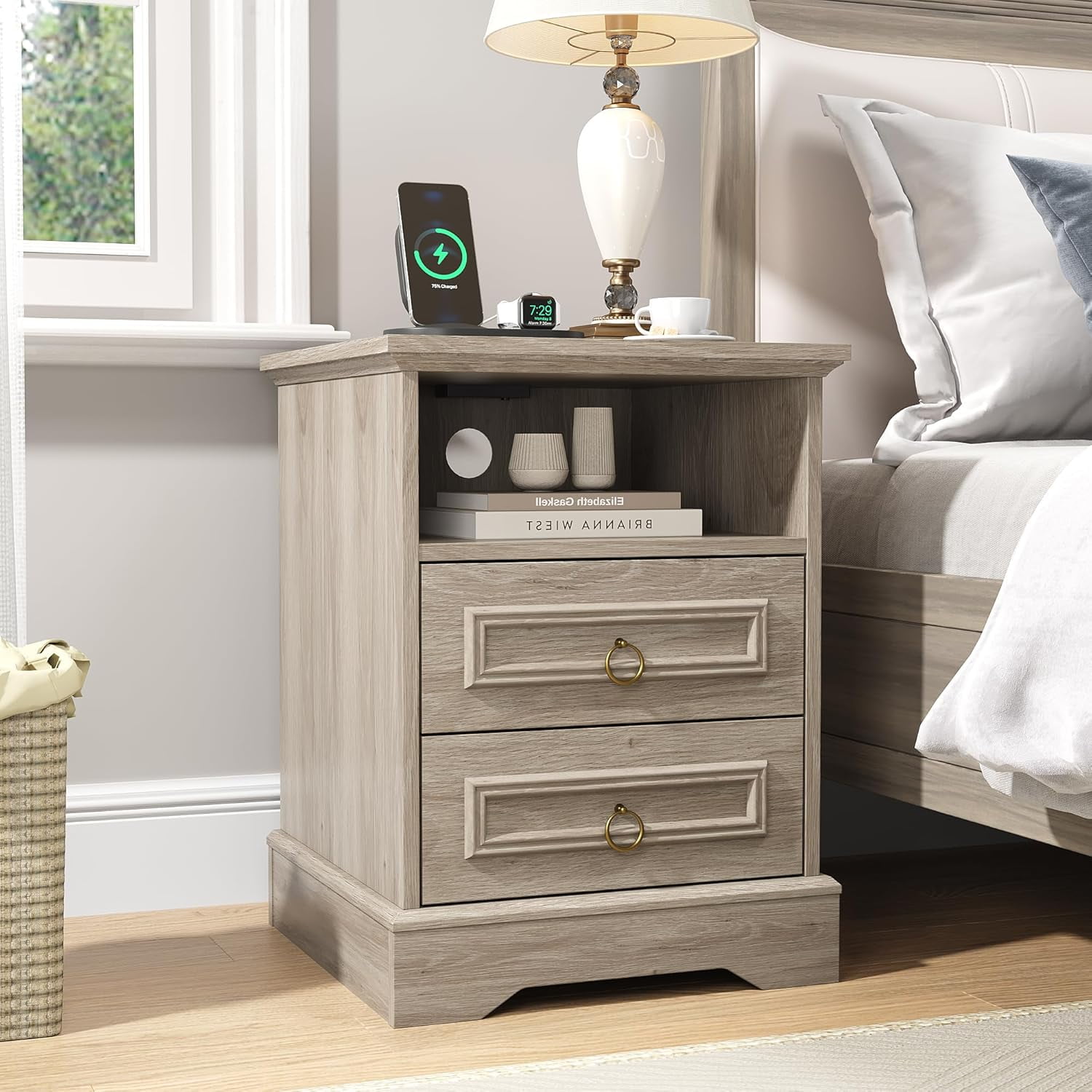 VEANERWOOD Nightstand with Charging Station, Nightstand with 2 Drawers ...
