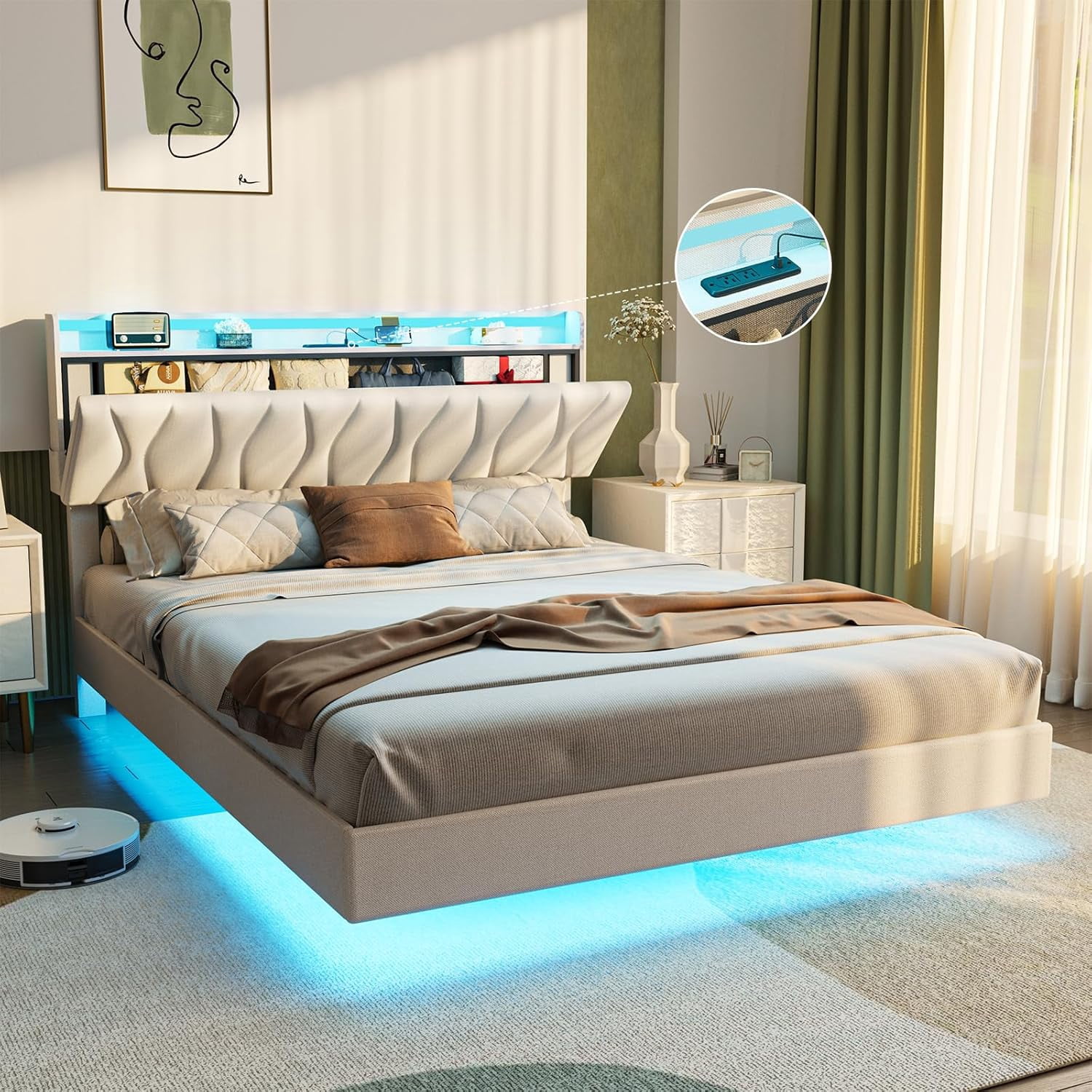 VEANERWOOD Queen Floating Upholstered Bed Frame, Metal Platform Bed ...