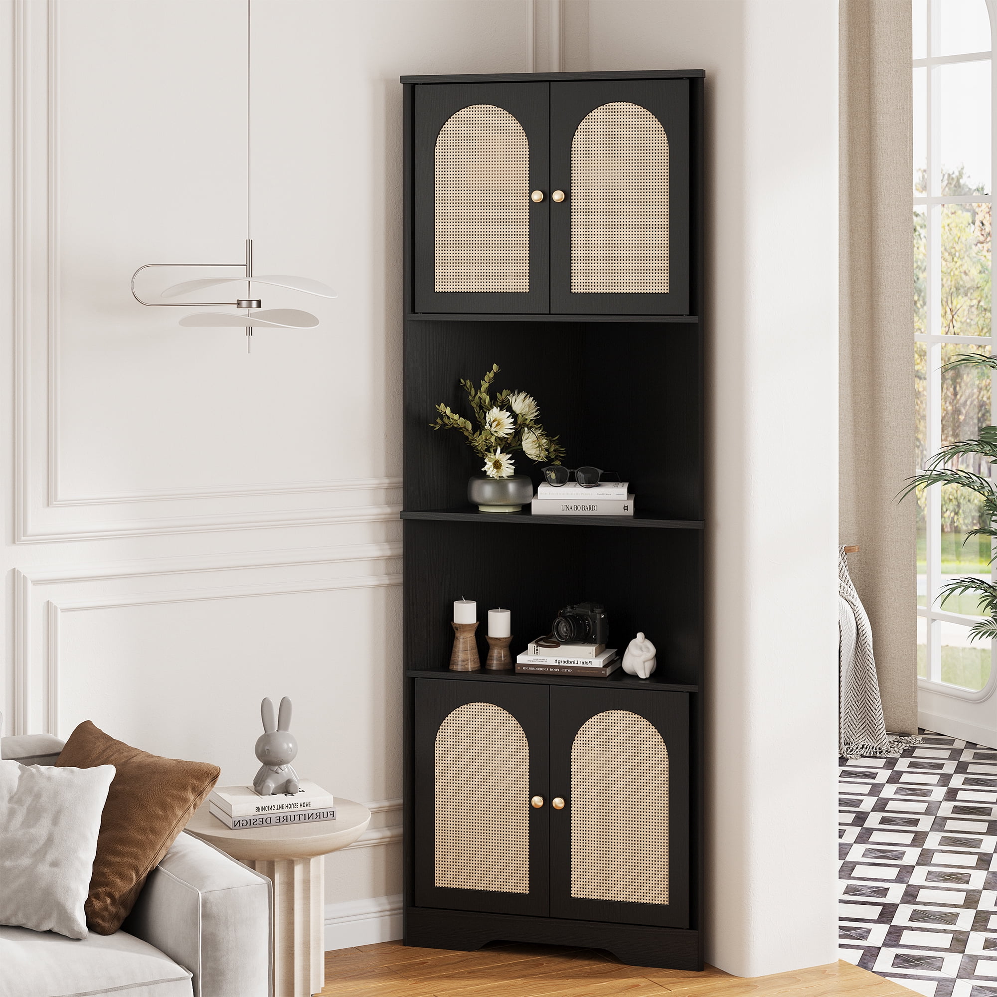 VEANERWOOD Rattan 67" Tall Corner Storage Cabinet, Corner Shelf Stand ...