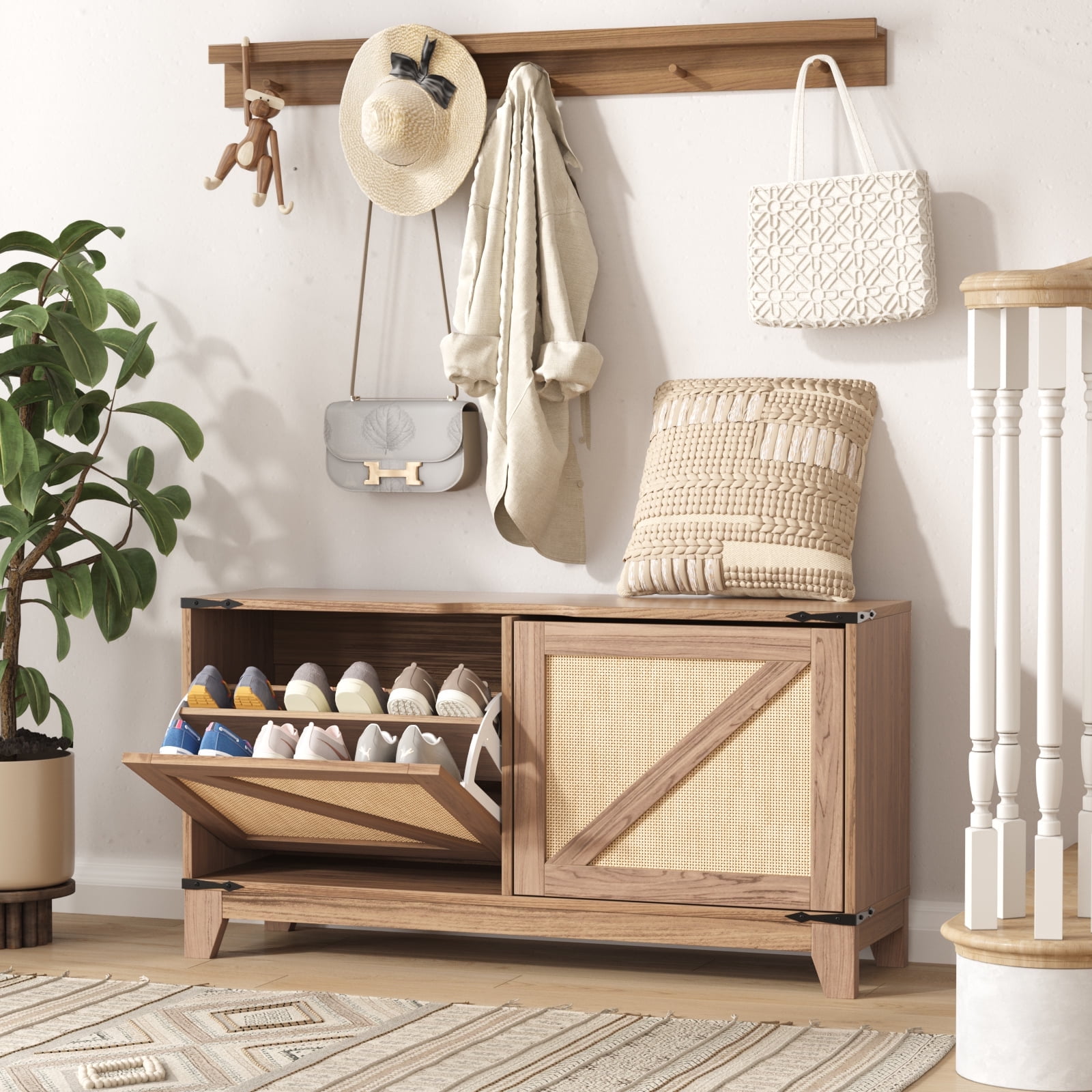 VEANERWOOD Rattan Shoe Benches Entryway With Doors,Shoe Benches With ...