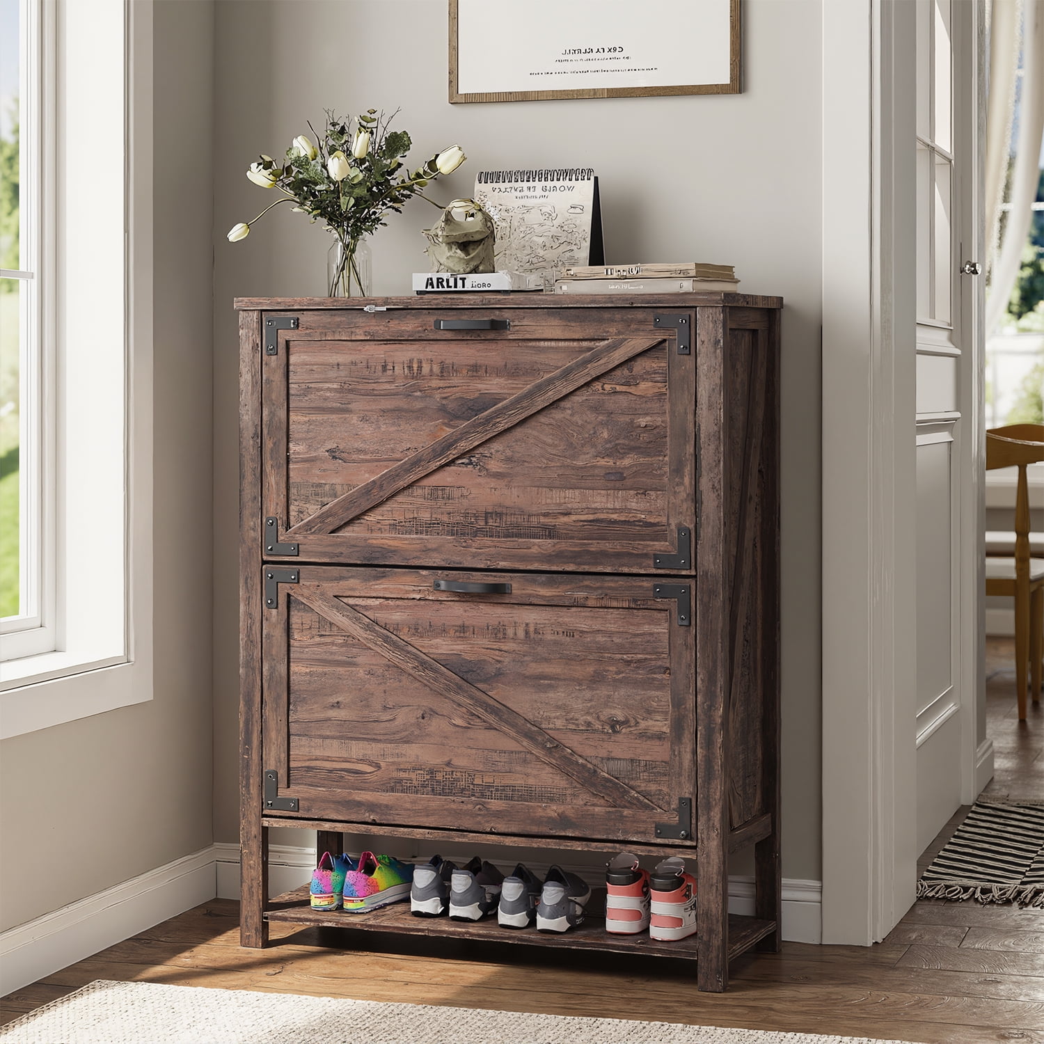 VEANERWOOD Shoe Cabinet with 2 Flip Drawers, Narrow Slim Shoe Rack with ...